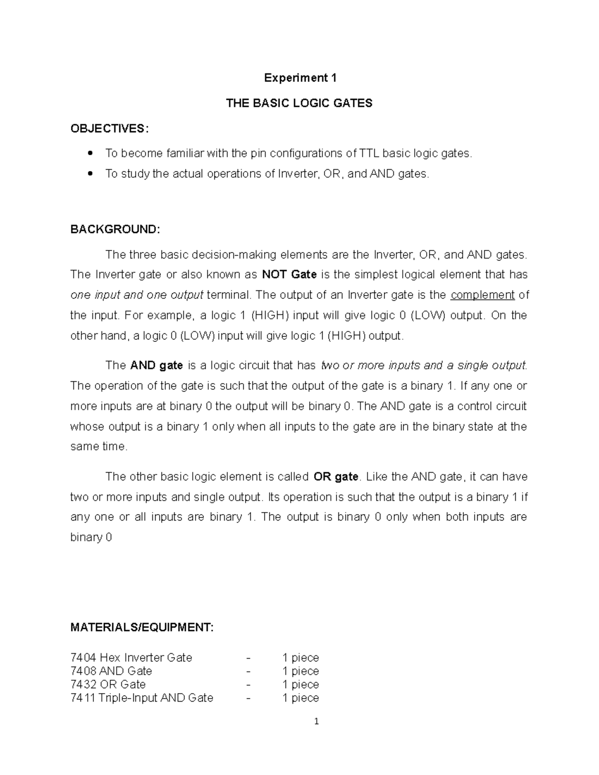 Laboratory Report on Basic Logic Gates - EXPERIMENT 1 - Studocu