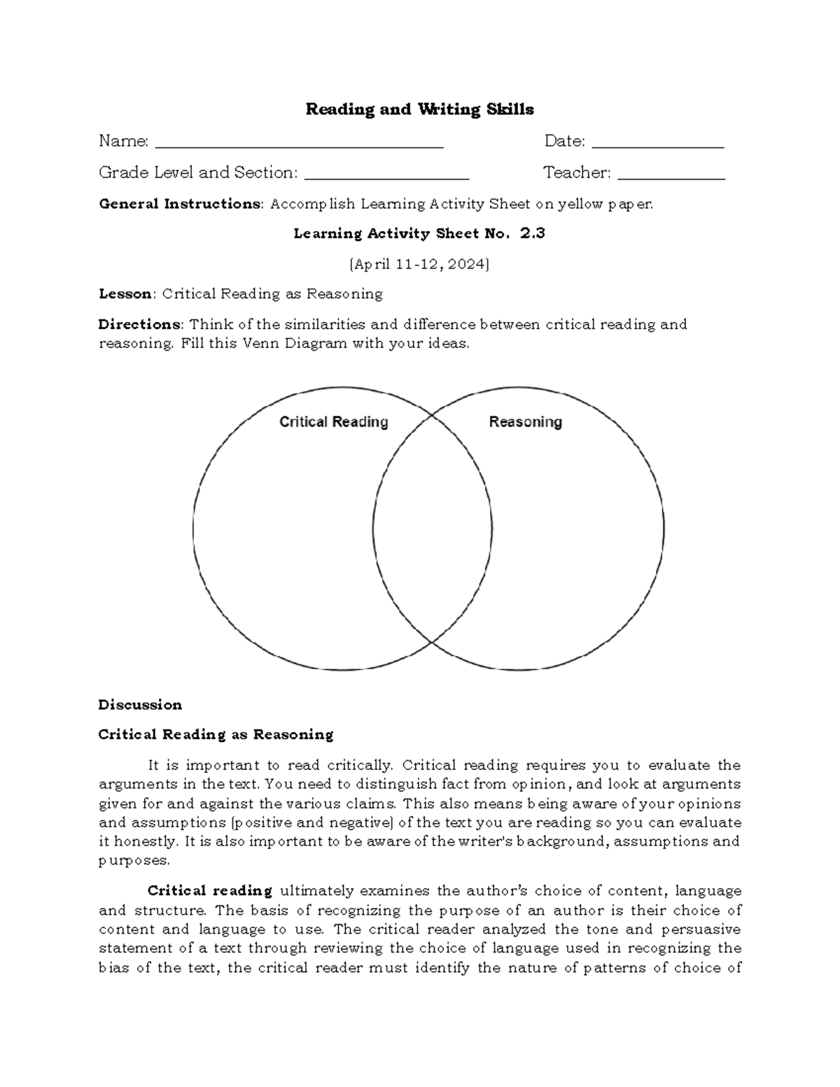 Critical Reading as Reasoning: A Comprehensive Learning Guide (RWS 101 ...