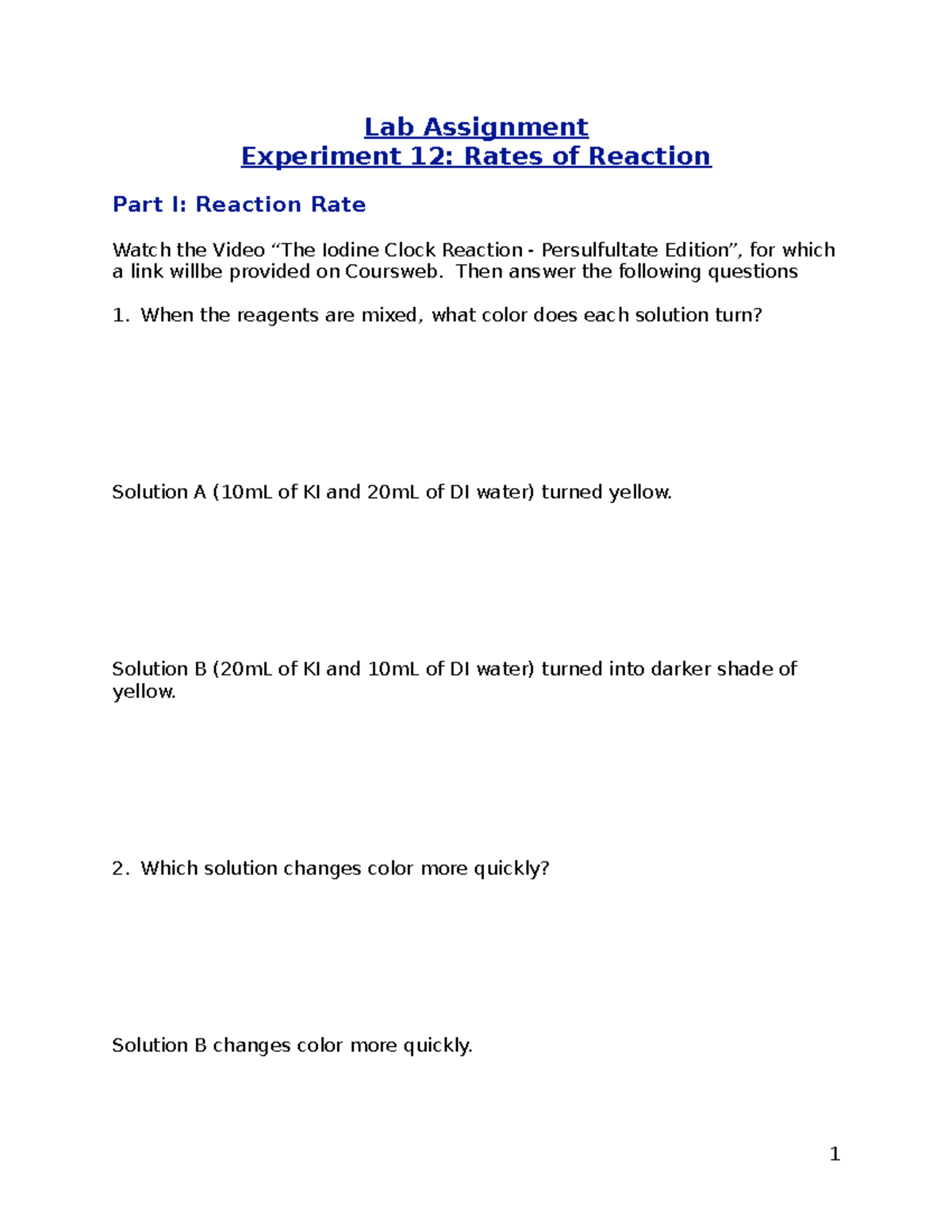 Chem Lab-Rates of reaction - Lab Assignment Experiment 12: Rates of ...