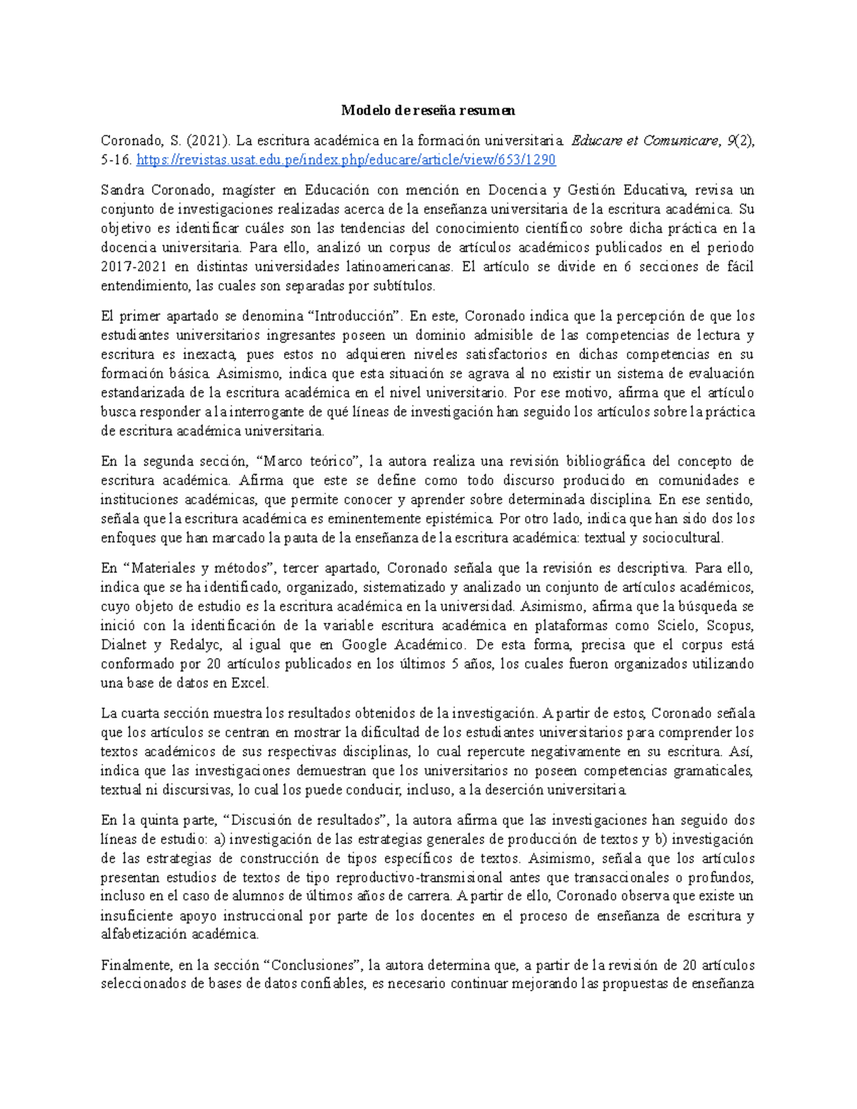 Reseña resumen - Modelo de reseña resumen Coronado, S. (2021). La ...