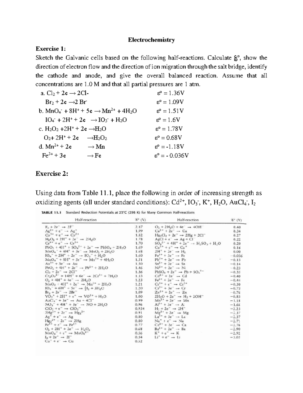 Electrochemistry Exercise 1: Galvanic Cells Analysis and Reactions ...