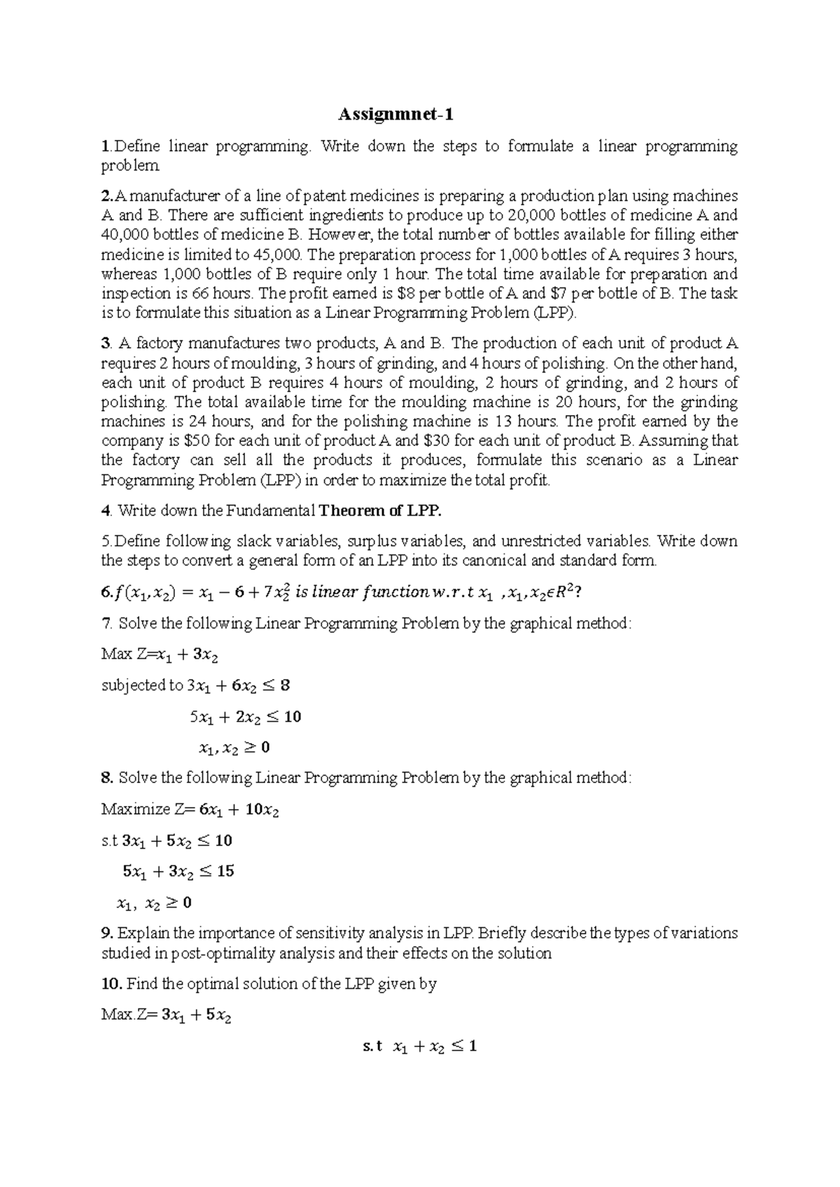 Linear Programming Problems: Formulation & Solutions (Course Code: Assignmnet-1) - Studocu