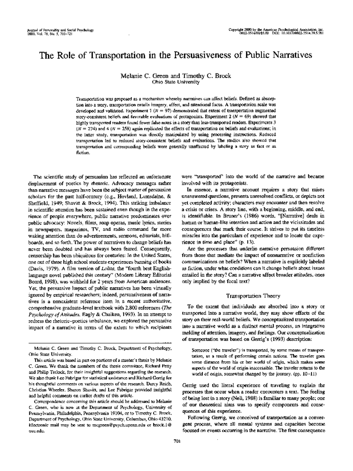 The Role of Transportation in Narrative Persuasion: Insights from ...