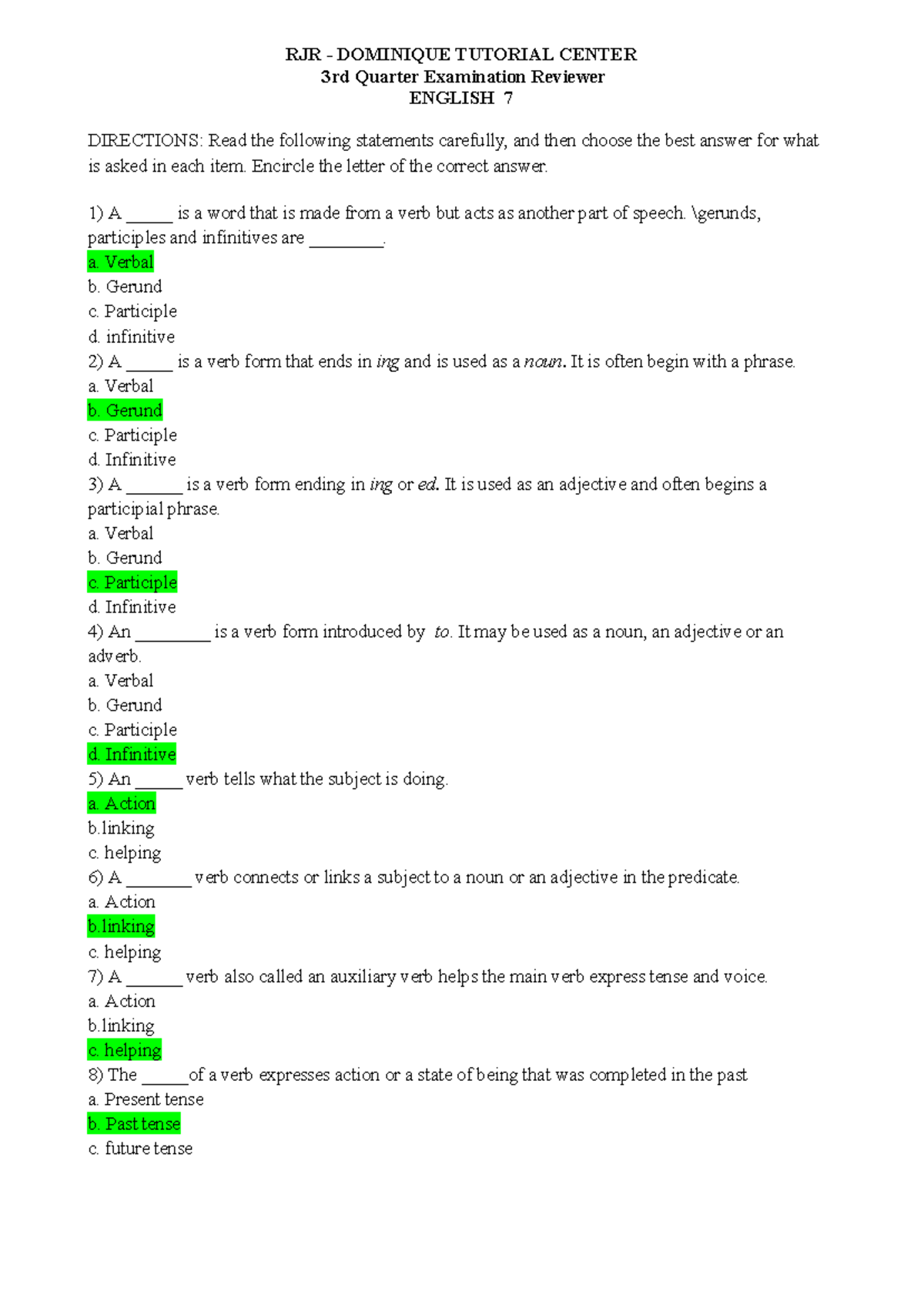 English 7 answer - tutor - RJR - DOMINIQUE TUTORIAL CENTER 3rd Quarter ...
