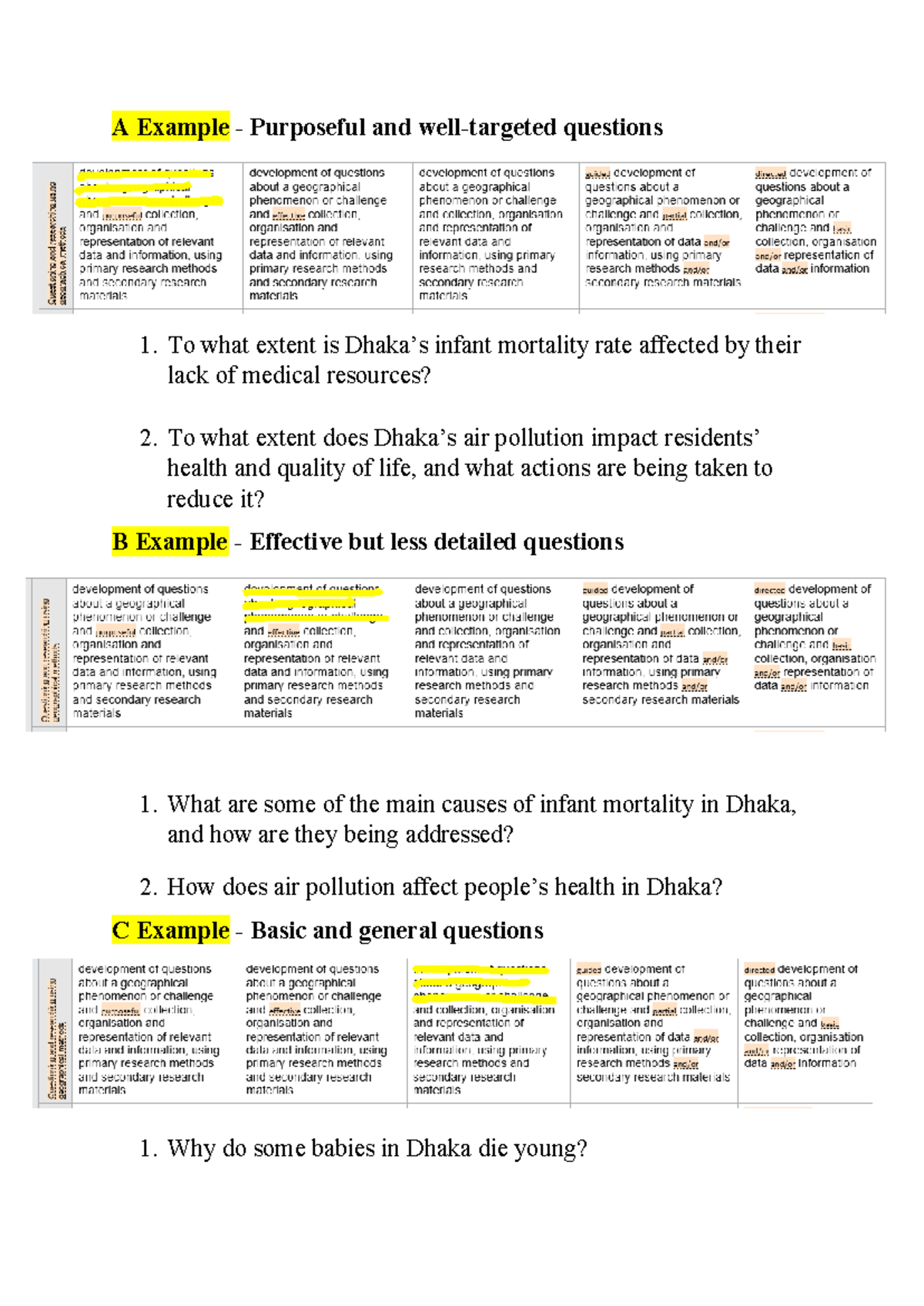 Inquiry Question Examples for Health and Environment Studies - Studocu