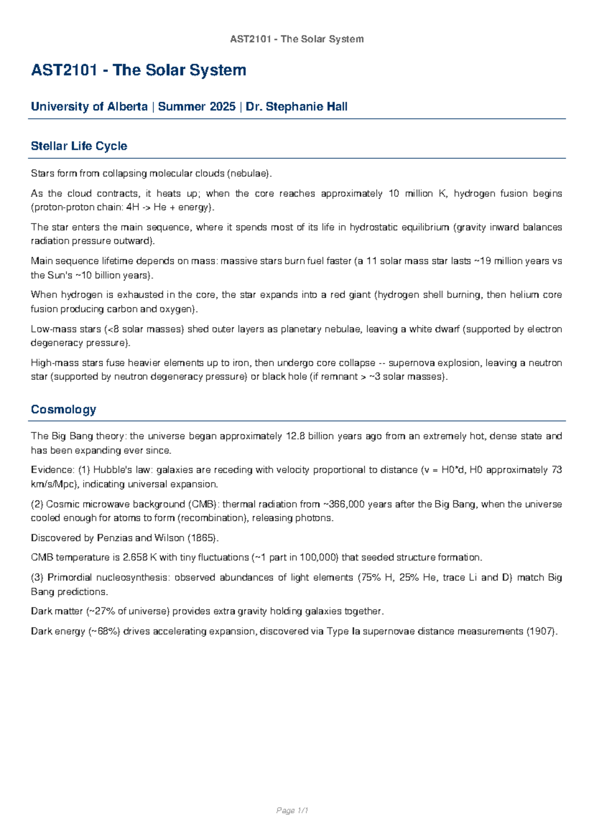 AST2101 Study Notes: Stellar Life Cycle & Cosmology Insights - Studocu