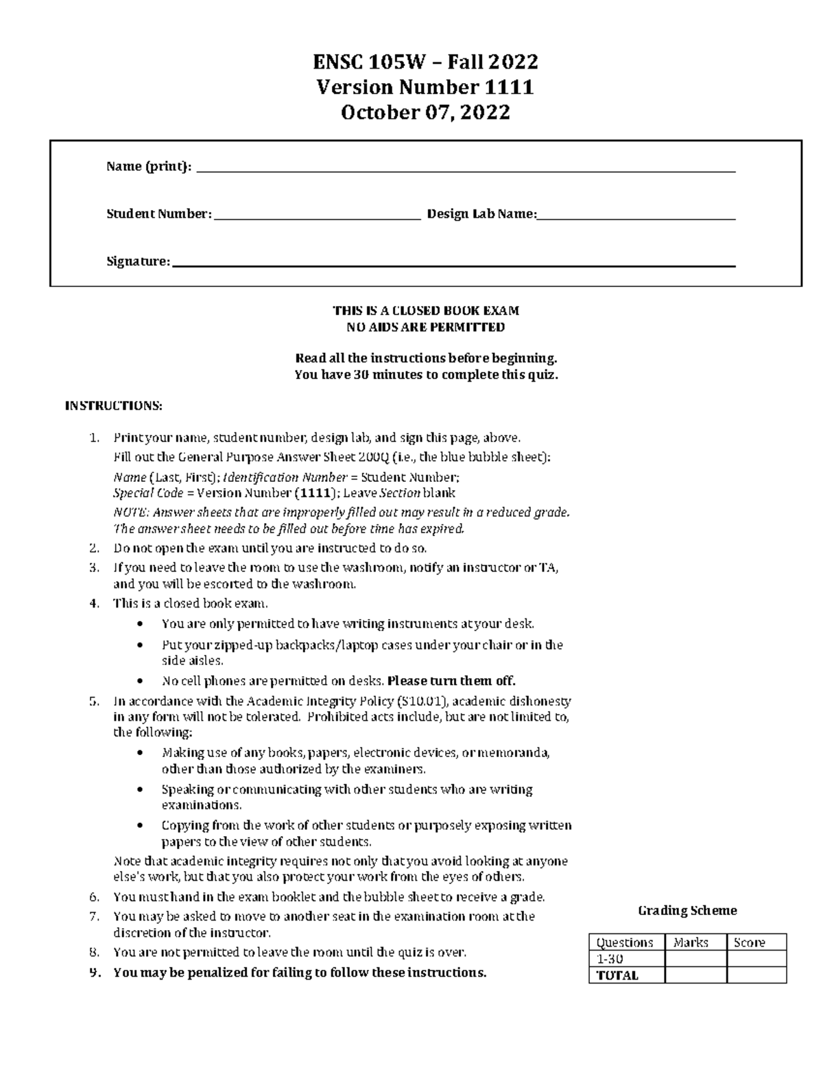 Answerkey Quiz1 ver1 ENSC105W Fall2022 - ENSC 105W – Fall 20 22 Version ...