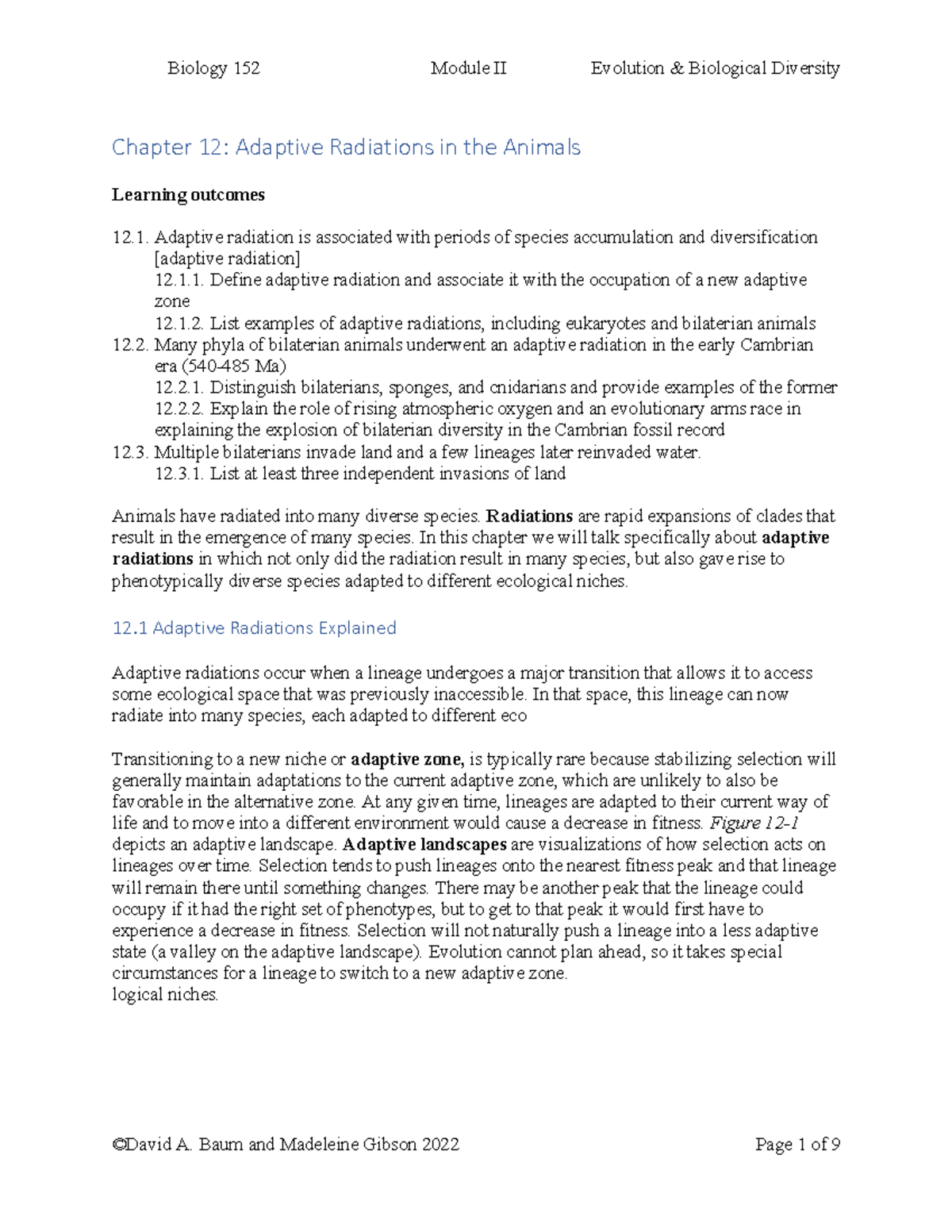 Biology 152 Module II: Adaptive Radiations in Animals (Chapter 12 ...