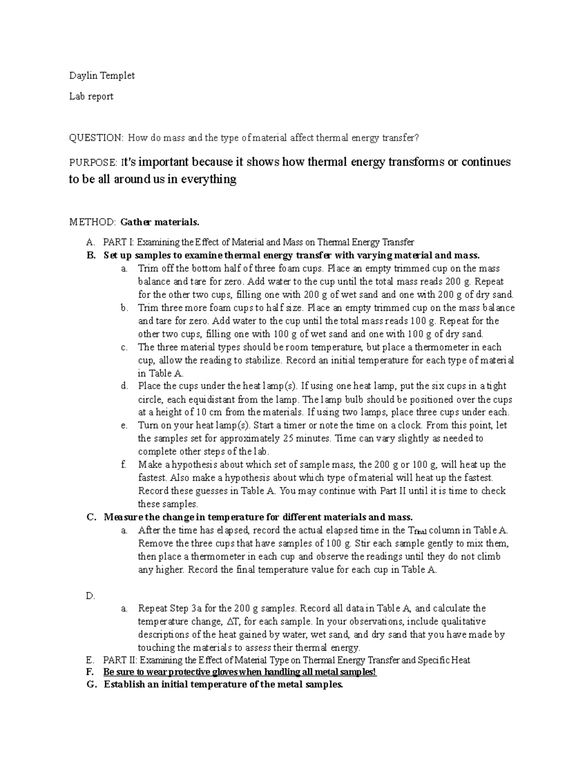 Thermal Energy Transfer: Effects of Mass & Material - LAB Report - Studocu