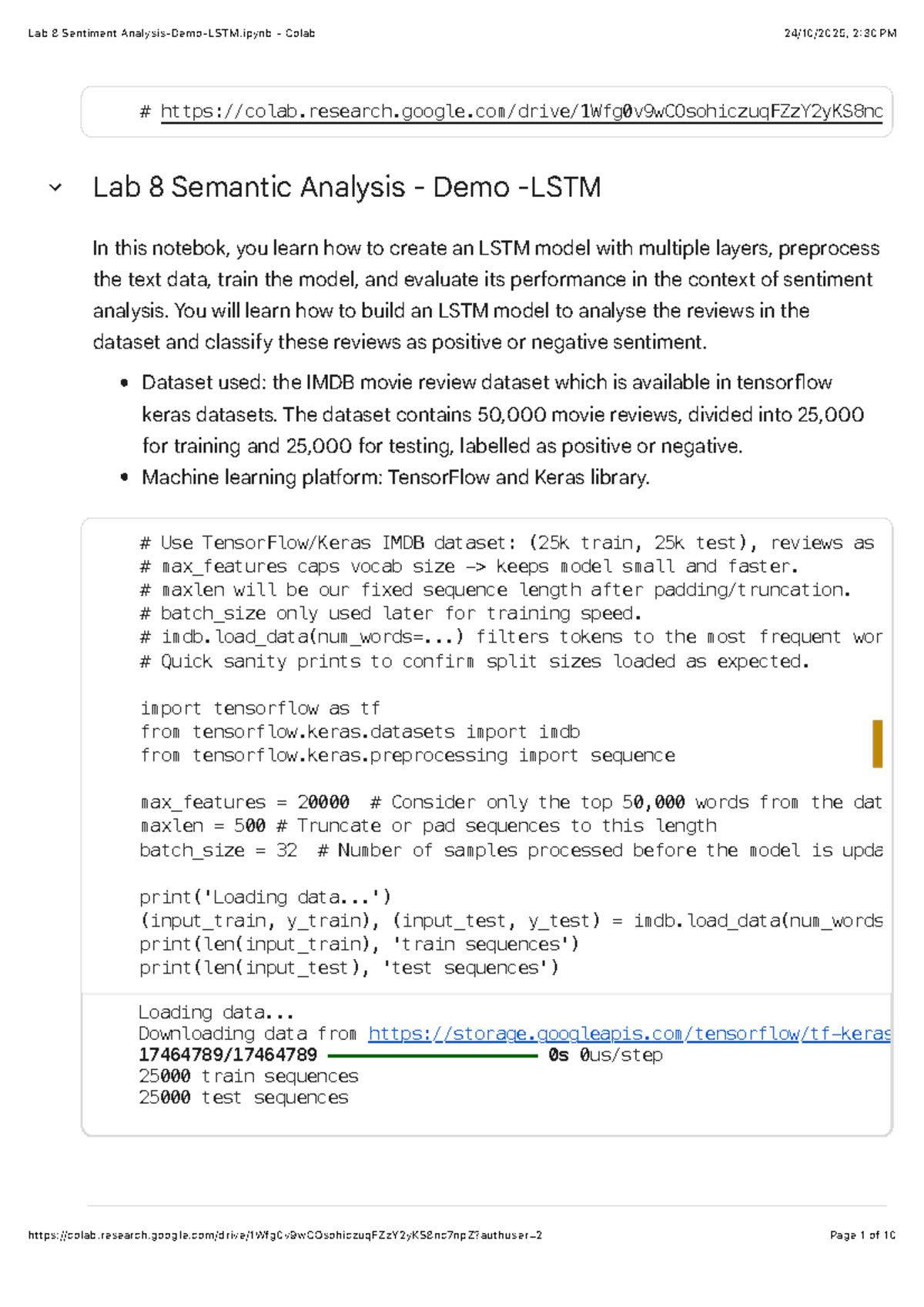 Lab 8: LSTM Model for Sentiment Analysis with IMDB Reviews - Studocu