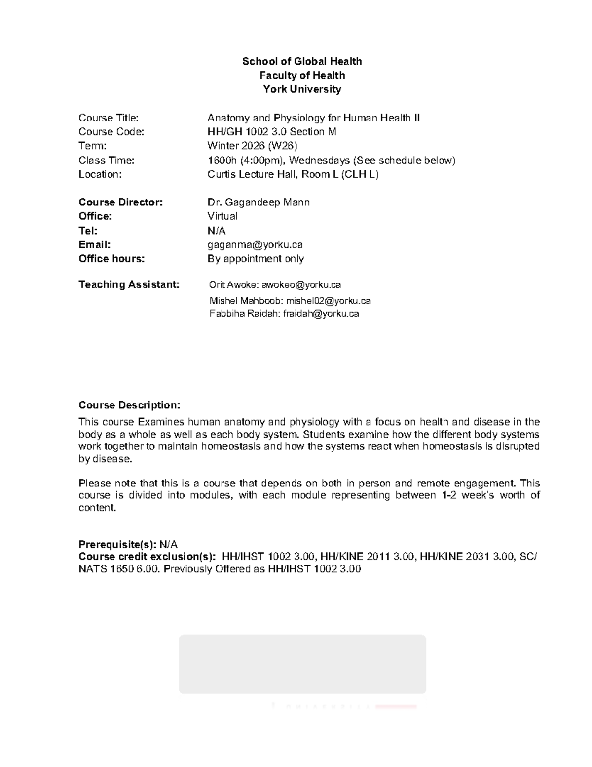 GH 1002 3.0 A W26 Anatomy and Physiology Course Outline - Studocu