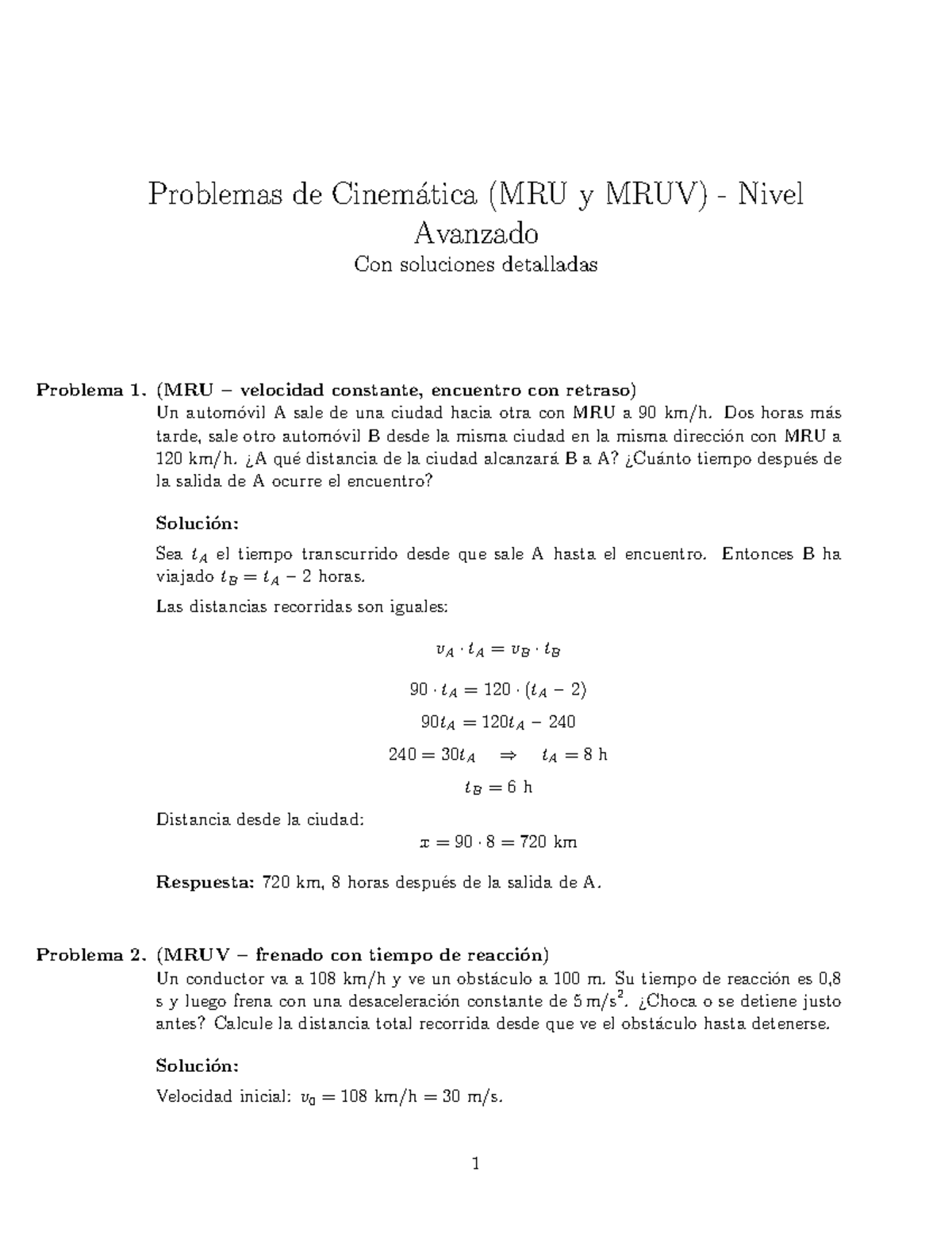 Problemas de Cinemática Avanzada (MRU y MRUV) con Soluciones Detalladas ...