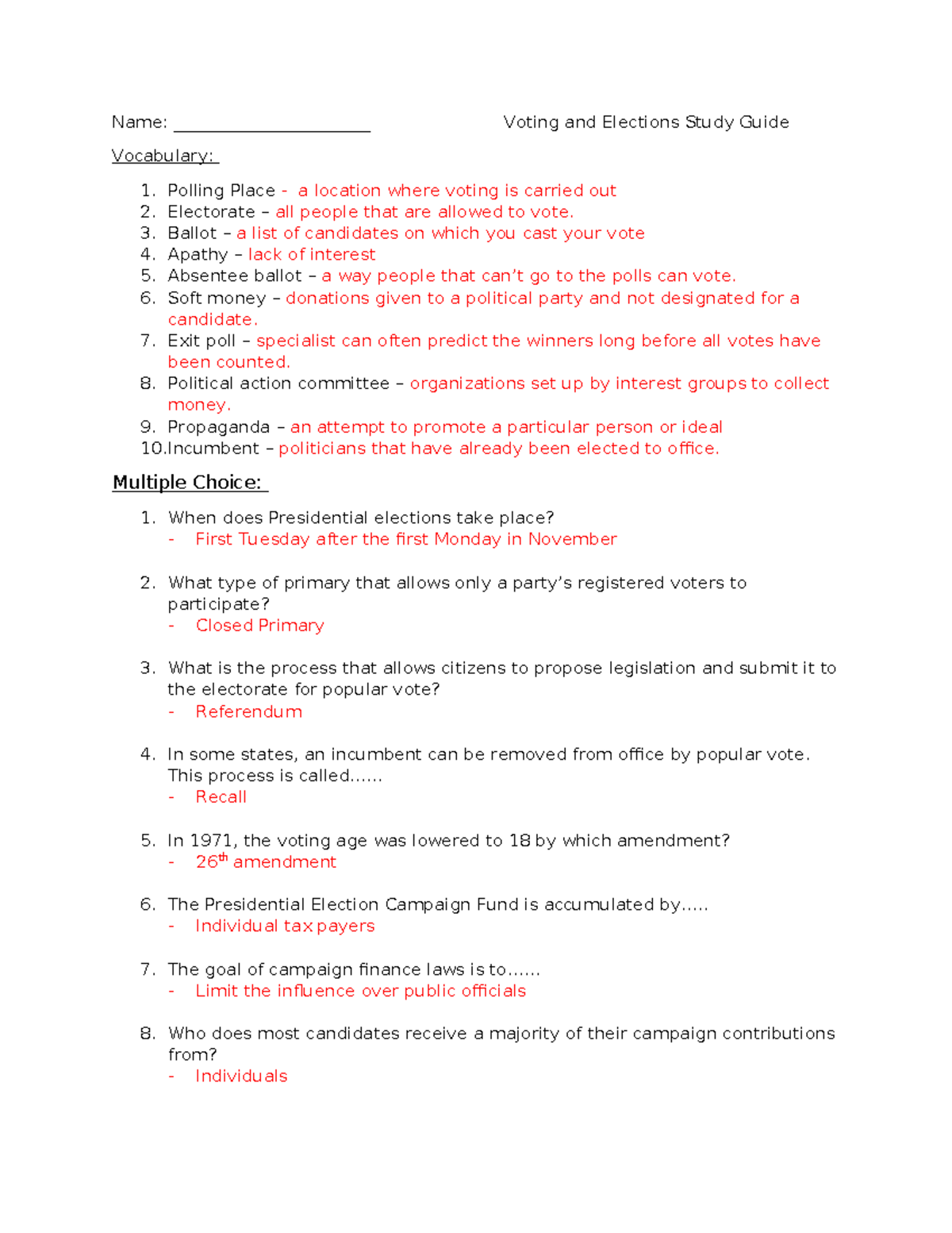 Chapter 10 Voting and Elections Study Guide - Name ...