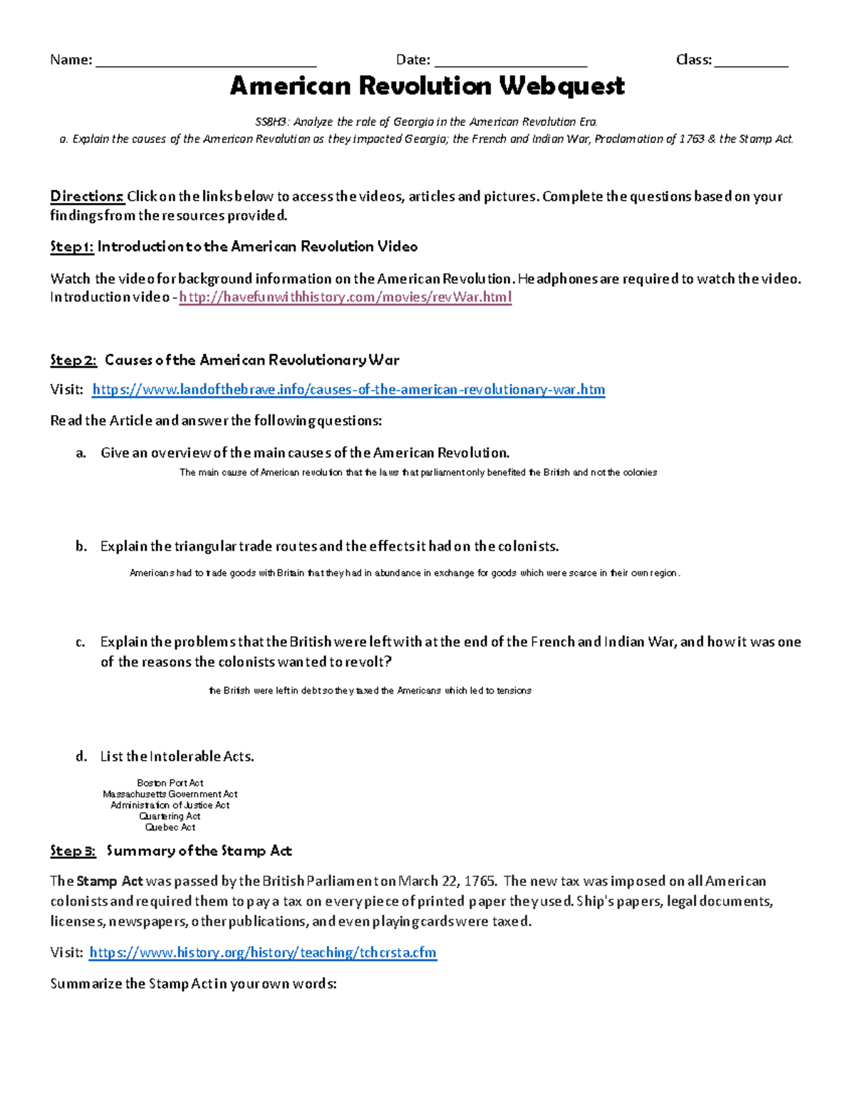 American Revolution Webquest (SS8H3) for 8th Grade History - Studocu