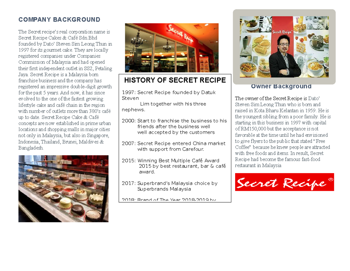 Company Background - Secret Recipe Cakes & Café Case Study - Studocu
