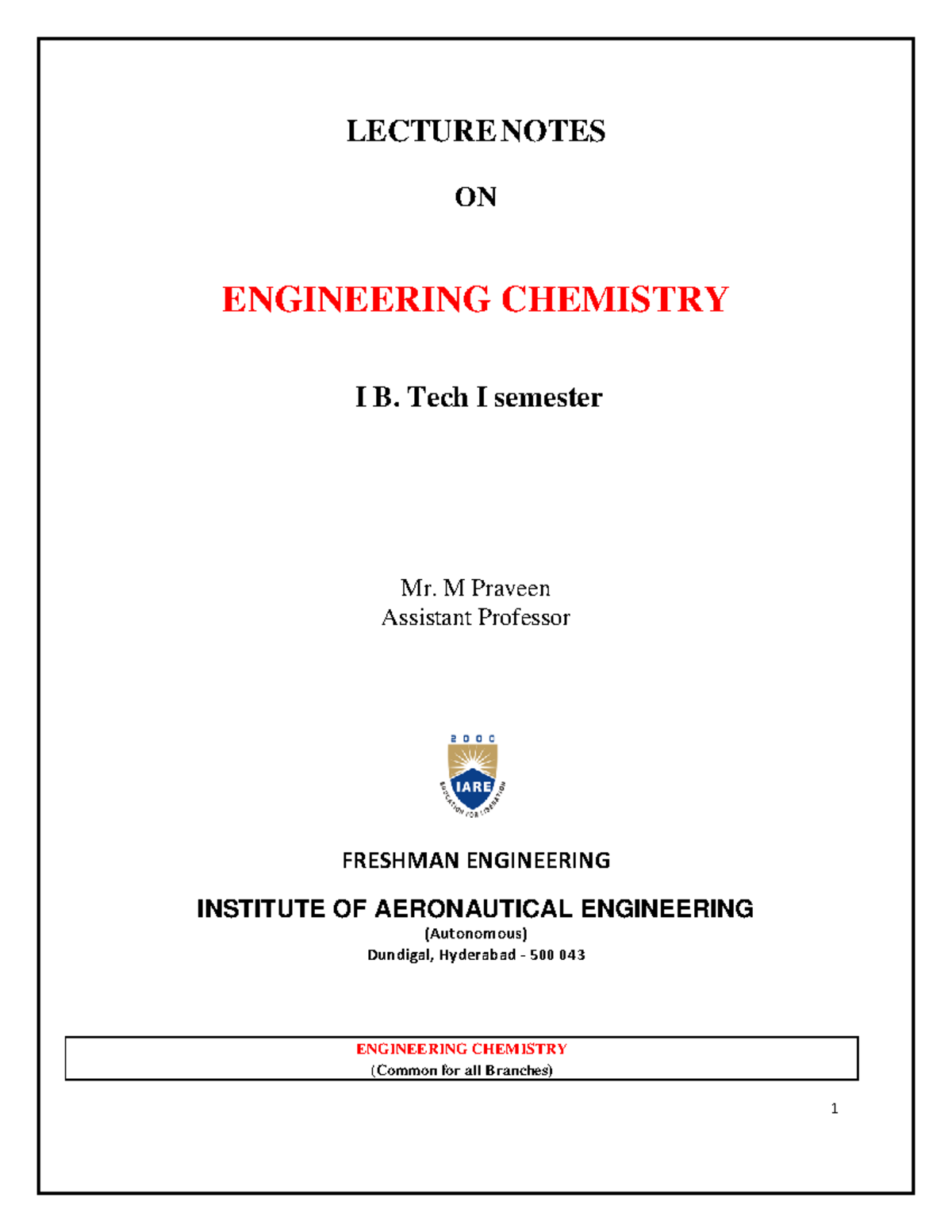 Chemistry Notes pdf 1st Year - LECTURE NOTES ON ENGINEERING CHEMISTRY I ...