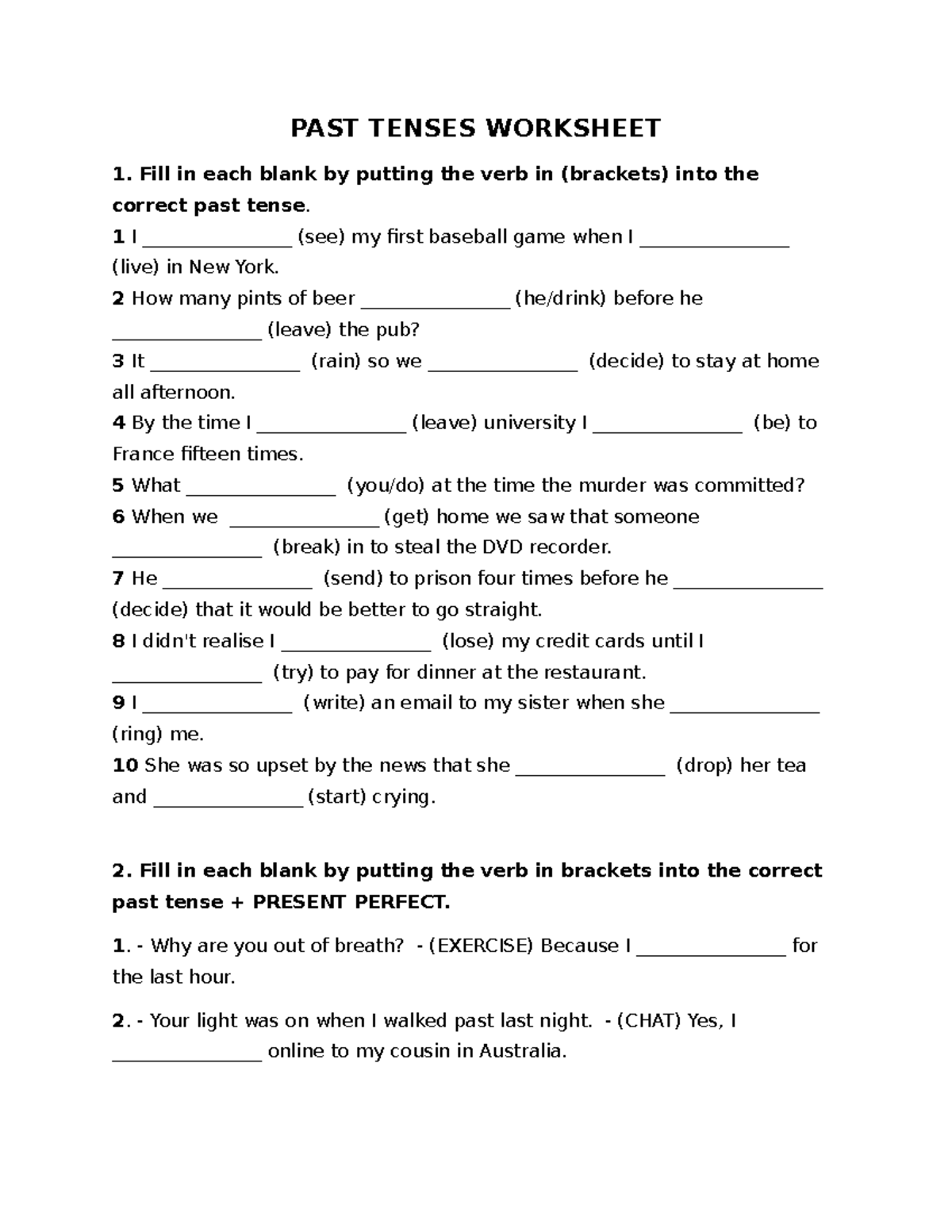 Past Tenses Worksheet 1 + Answer Key (ENG 101) - Studocu