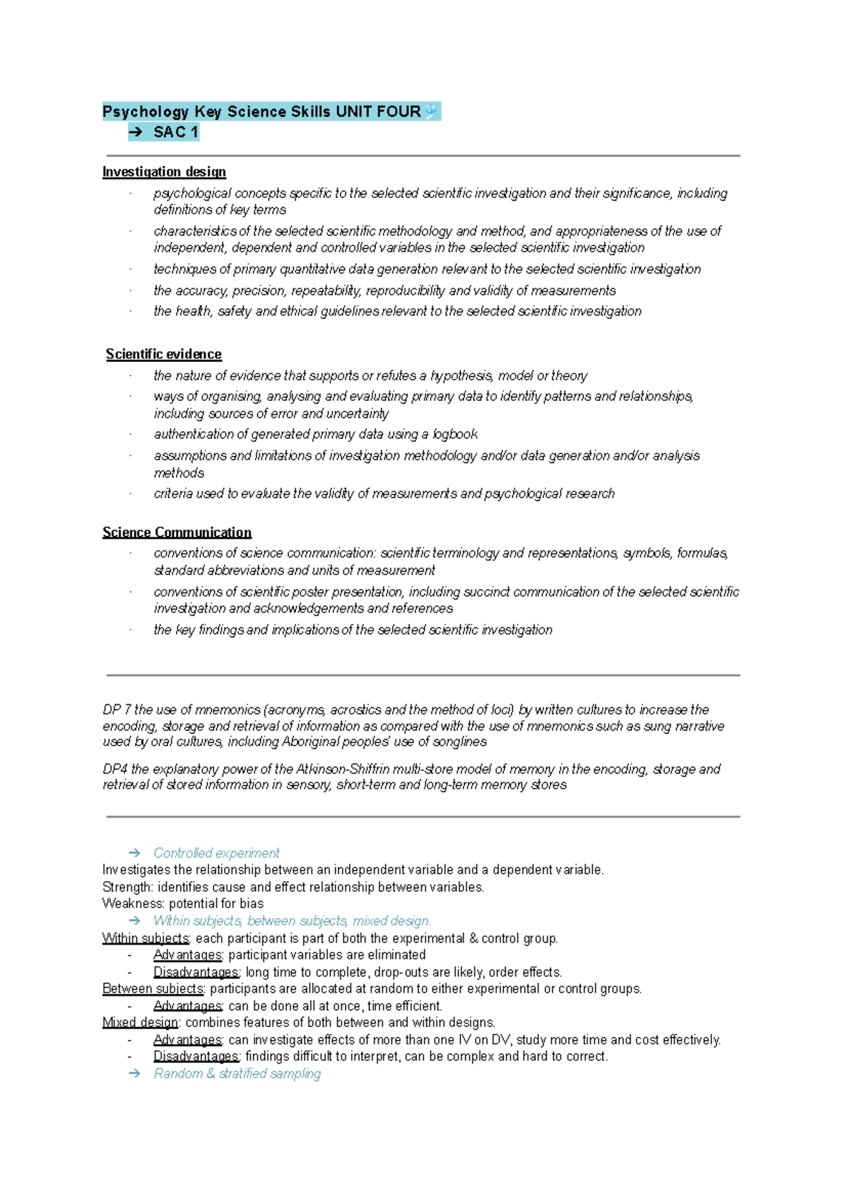 Psychology Key Science Skills Unit 4: Investigation Design ...