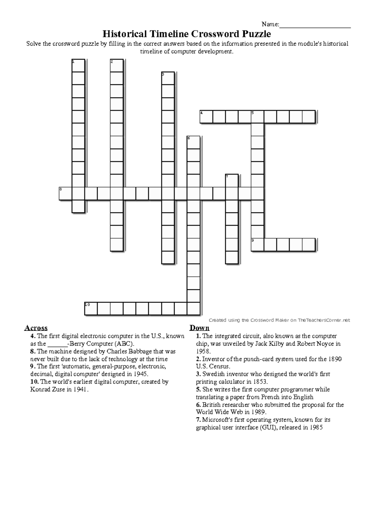 Crossword Puzzle on Historical Timeline of Computers - TEACHING ...