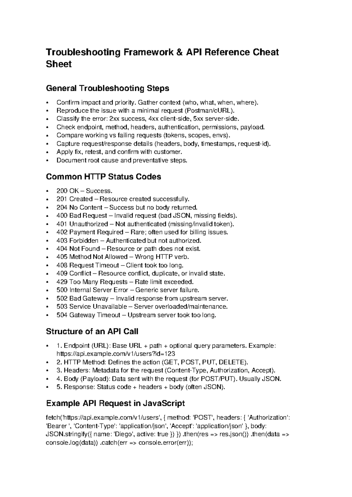 Troubleshooting Framework API Reference Cheat Sheet - Studocu