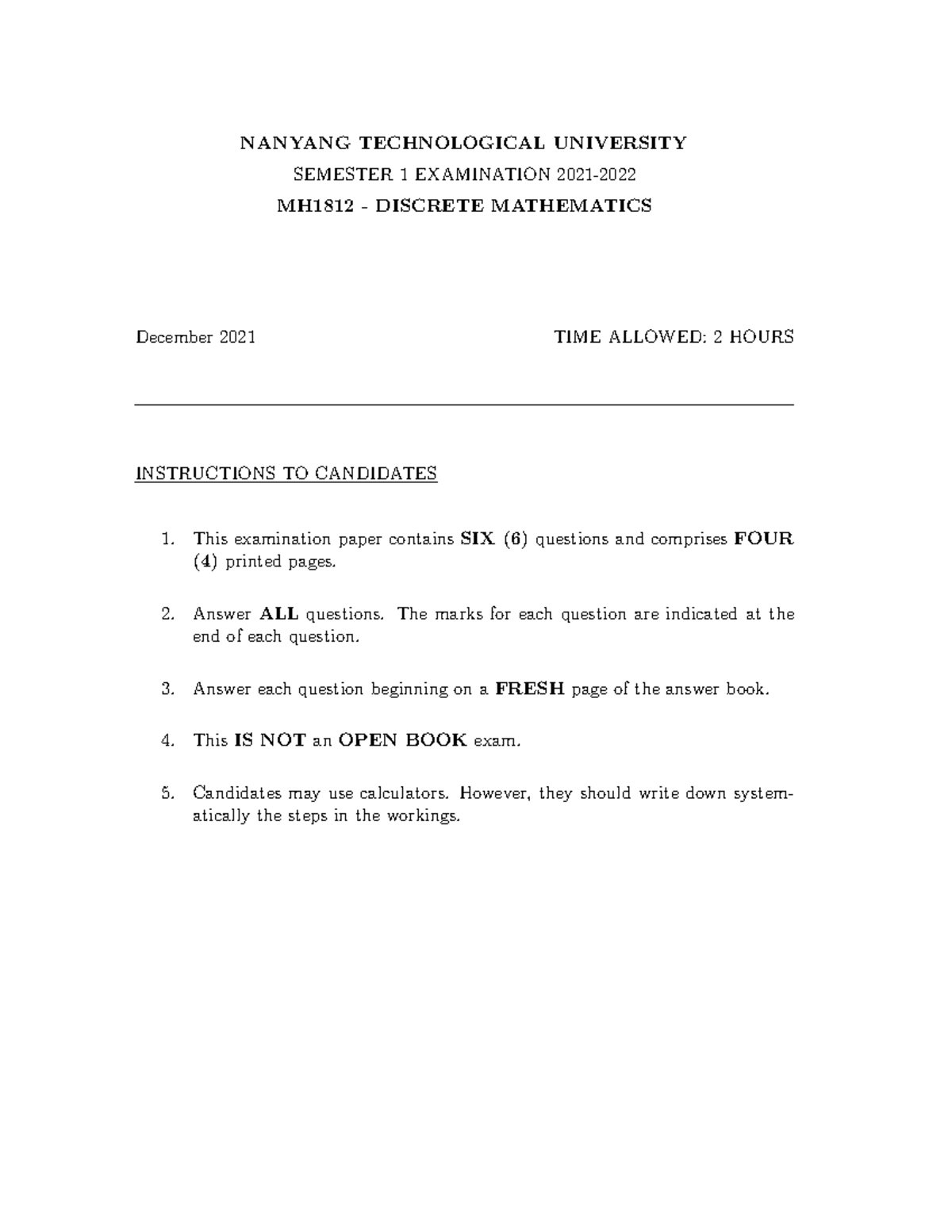 AY21S1-MH1812 - Discrete Mathematics Exam Practice Paper 2021 - Studocu