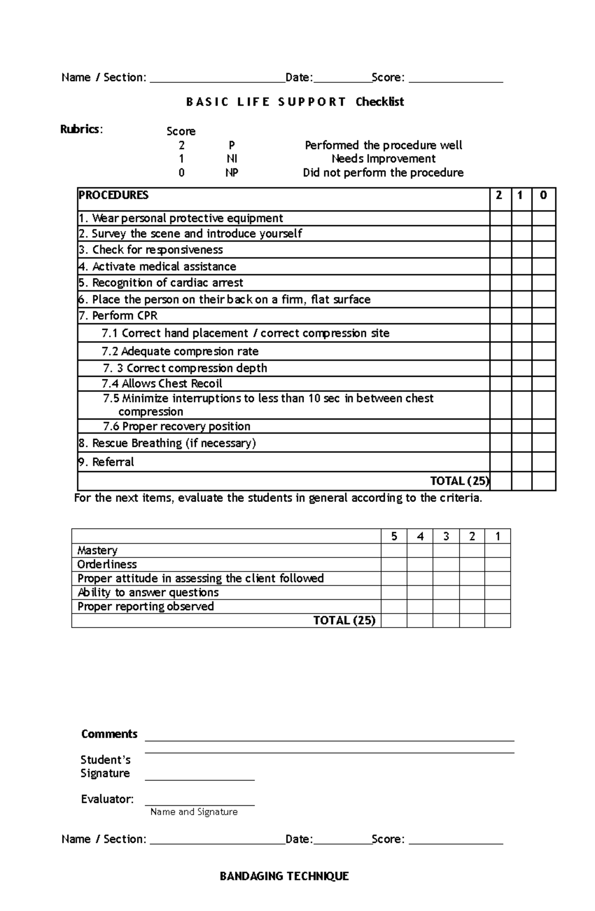 Checklist for Bandaging & BLS - Assessment Rubric - Studocu