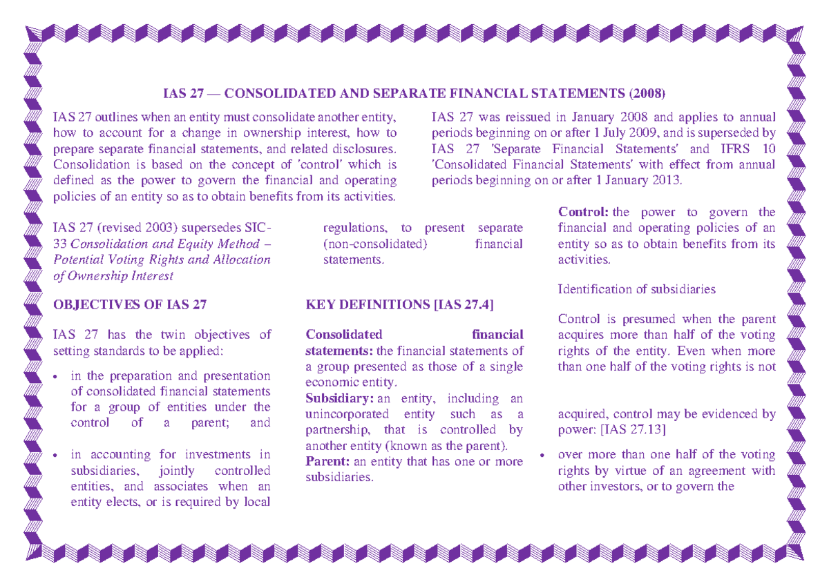 IAS 27 - Consolidated and Separate Financial Statements Overview - Studocu