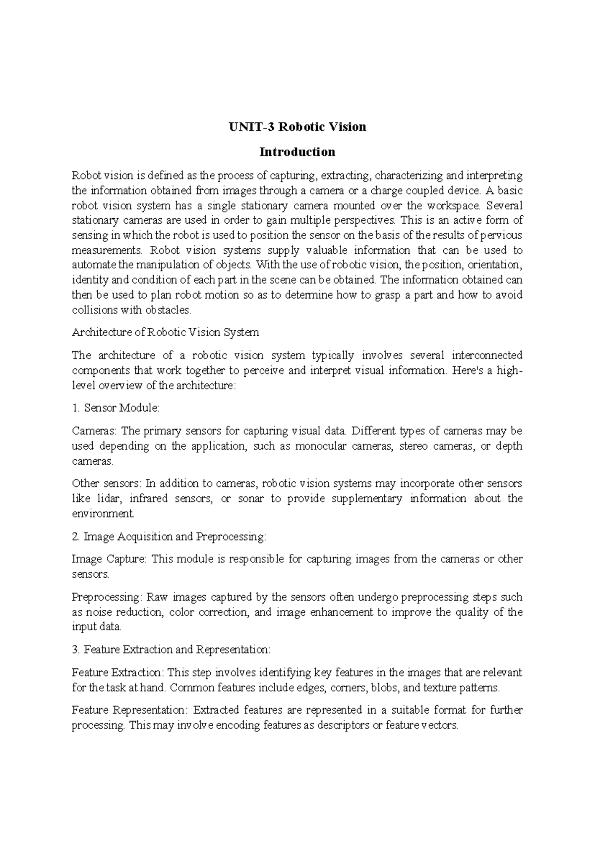 Unit 3 - Robotic Vision Systems Overview and Applications - Studocu