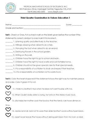 1st QE-Values - Examination - FIRST PERIODICAL EXAMINATION VALUES ...