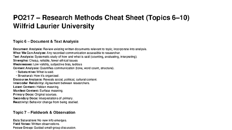 PO217 Research Methods Cheat Sheet: Key Concepts & Analysis Techniques - Studocu
