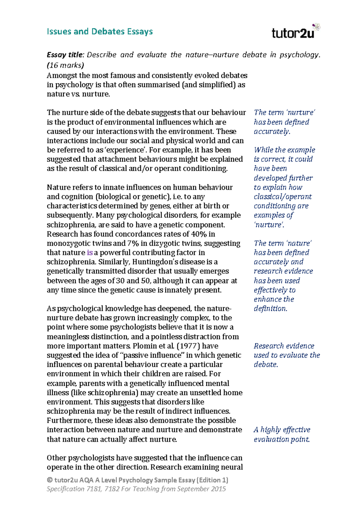 AQA A Level Psychology Essay: Nature vs. Nurture Debate Evaluation ...