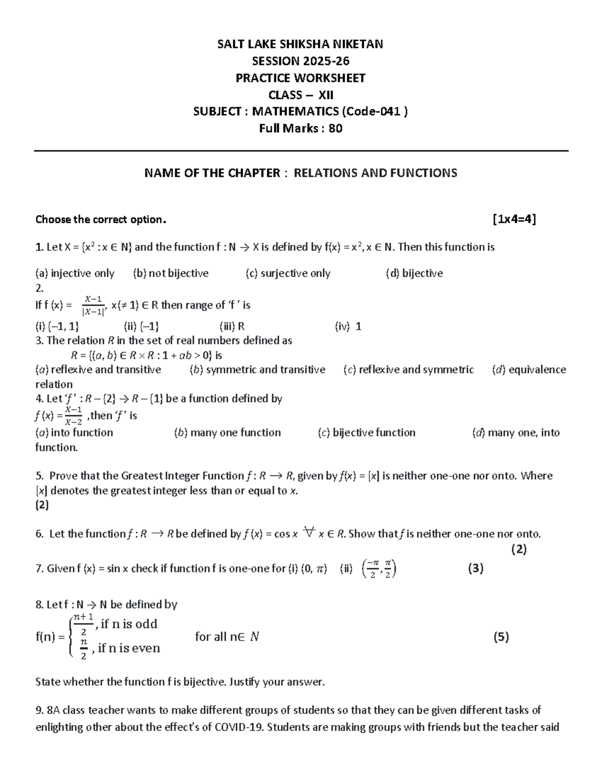 Class XII Mathematics Practice Worksheet: Relations, Functions ...