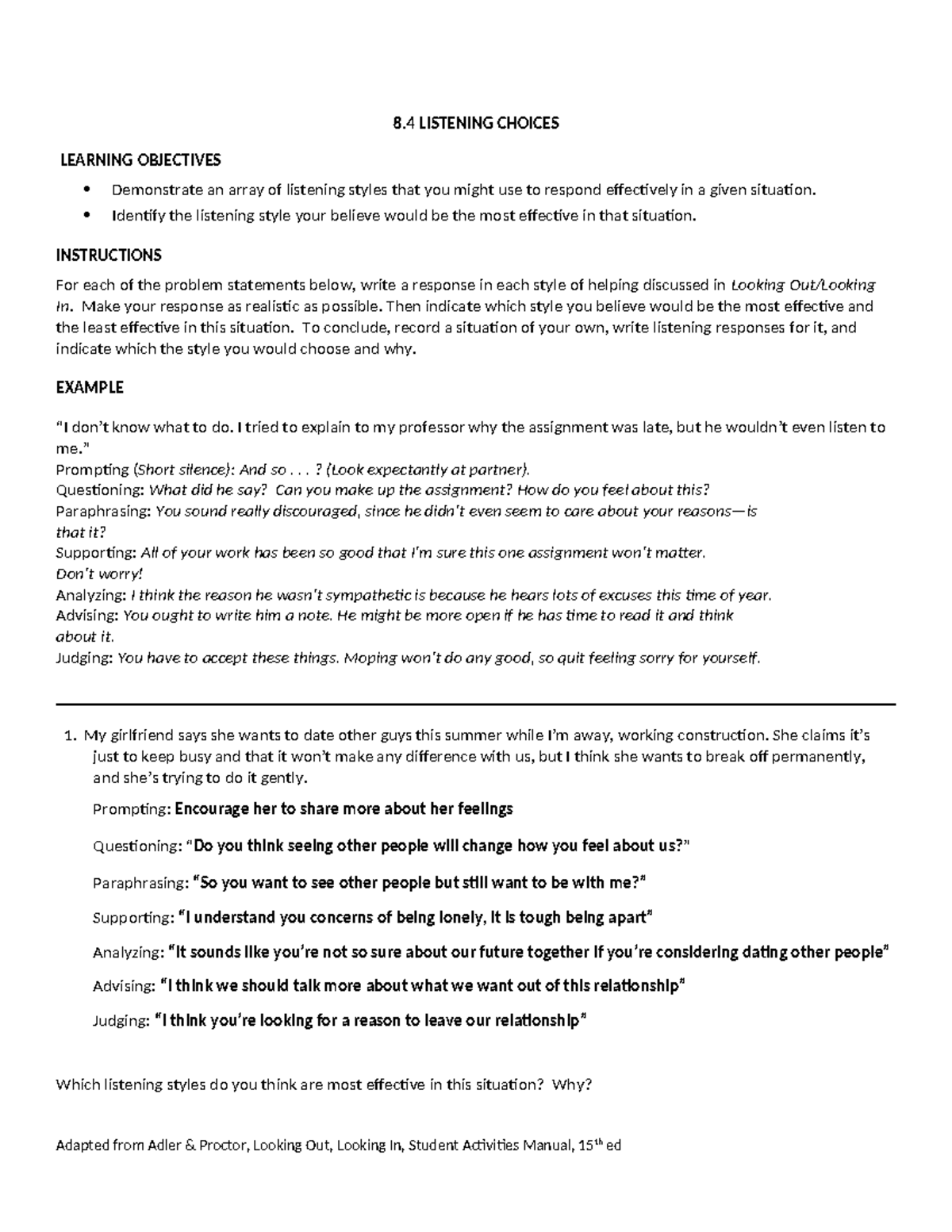 Listening choices activity 8: Exploring effective listening styles ...
