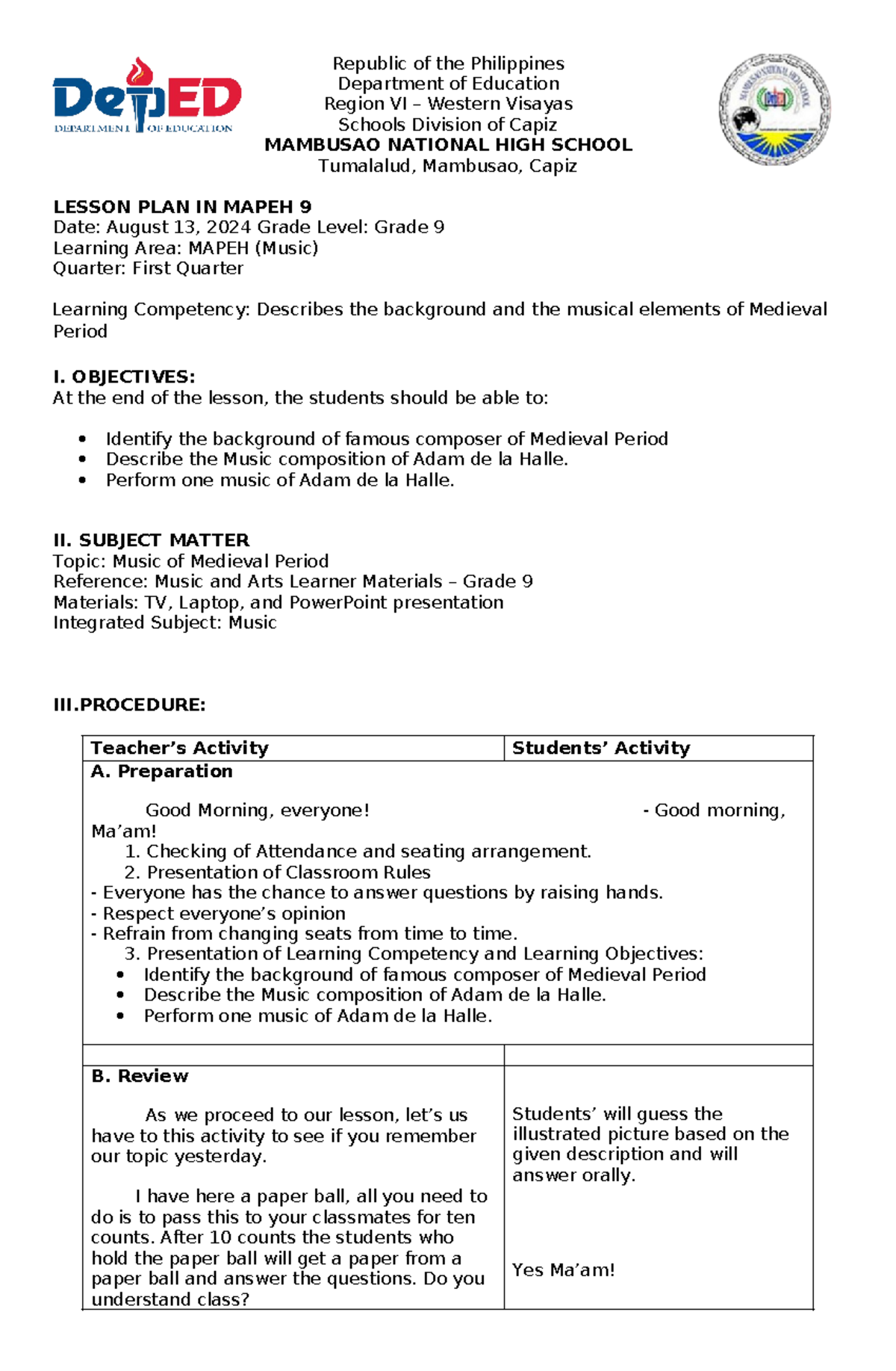 MAPEH 9 Lesson Plan: Exploring the Medieval Music Era - Day 2 - Studocu