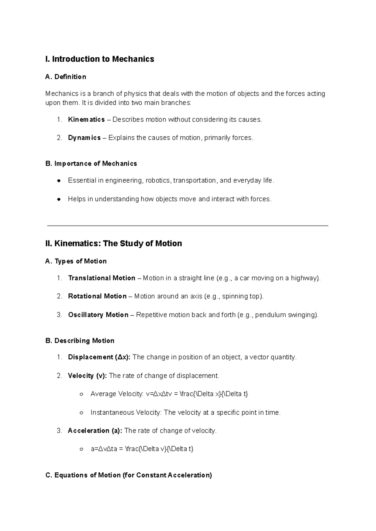 Lecture Notes Physics – Mechanics and Motion - I. Introduction to ...