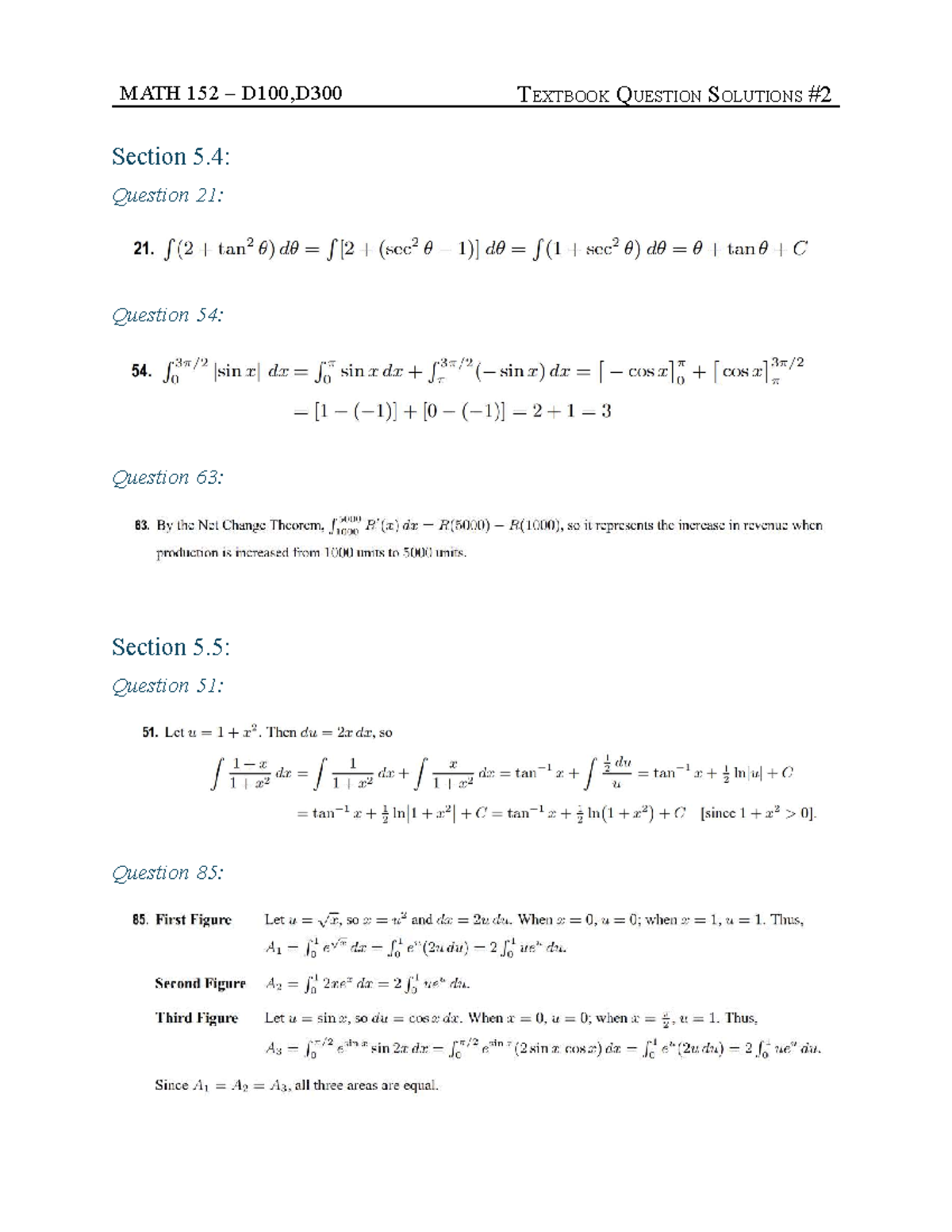 MATH 152 D100,D300: Textbook Question Solutions & Area Problems - Studocu