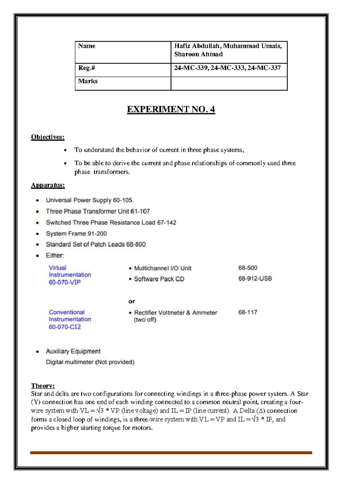 EMLab 04 - Three Phase Current Behavior in Star and Delta Connections - Studocu