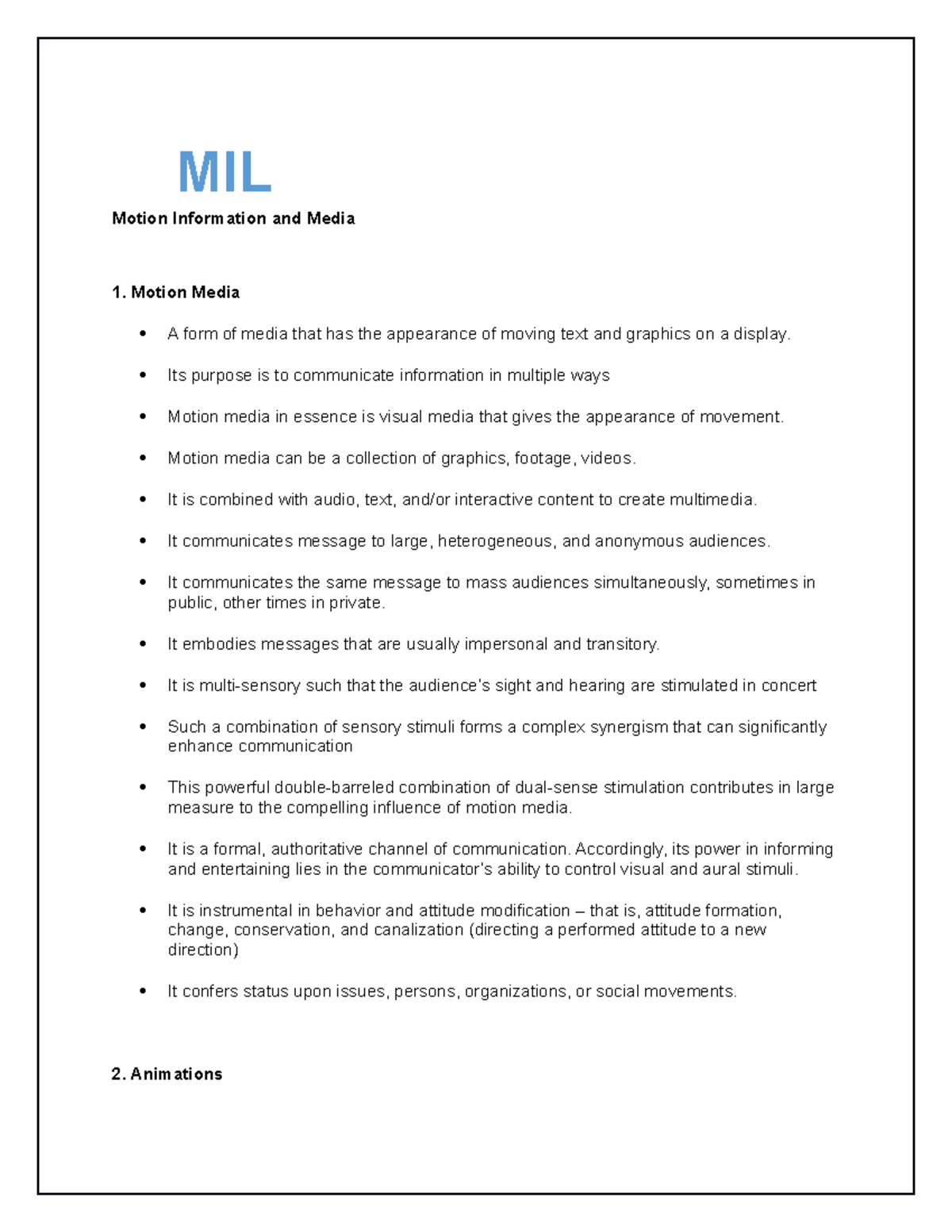 MIL Reviewer - Lecture notes 1 - Motion Information and Media 1. Motion ...