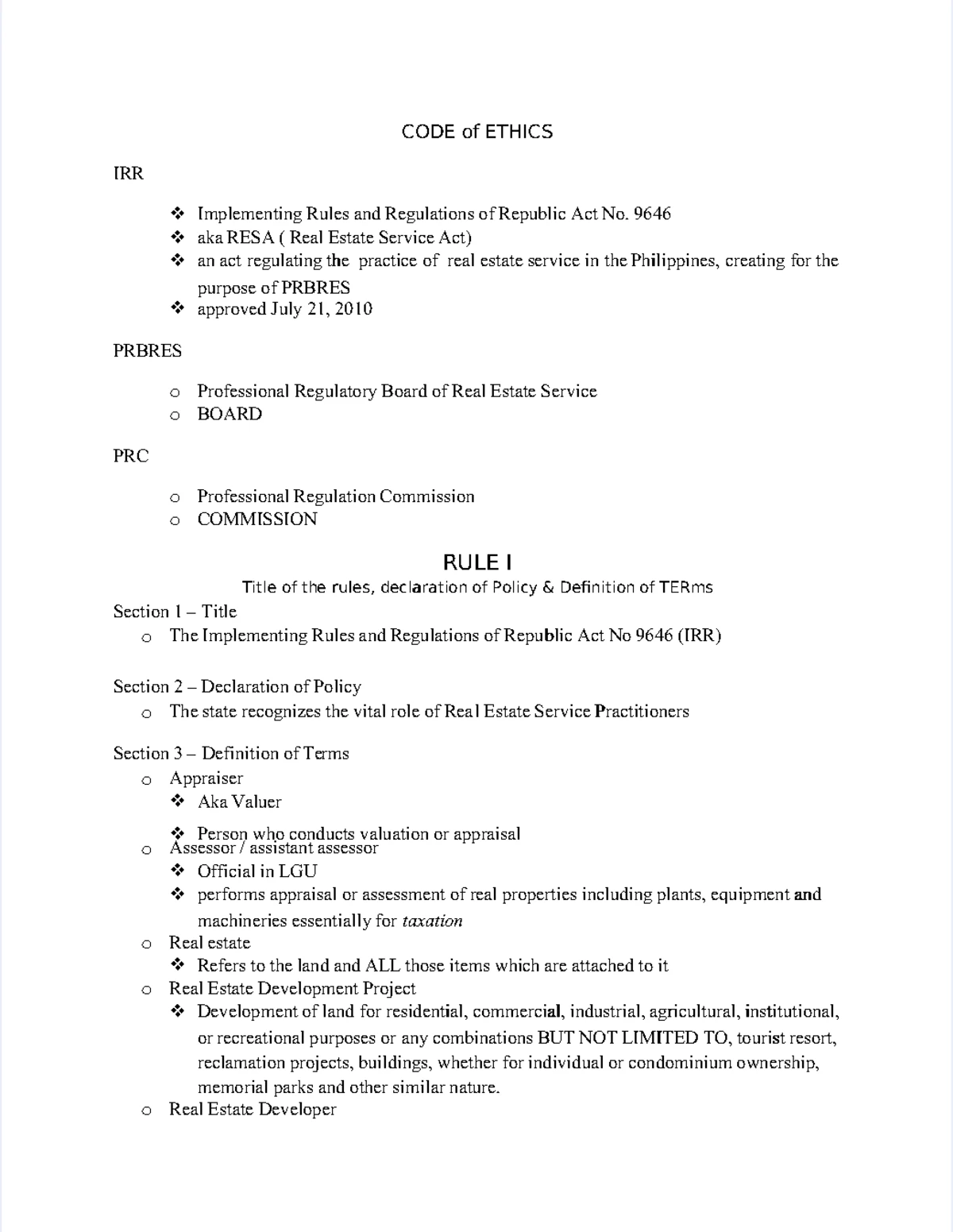RA 9646 Real Estate Code of Ethics & Responsibilities Summary - Studocu