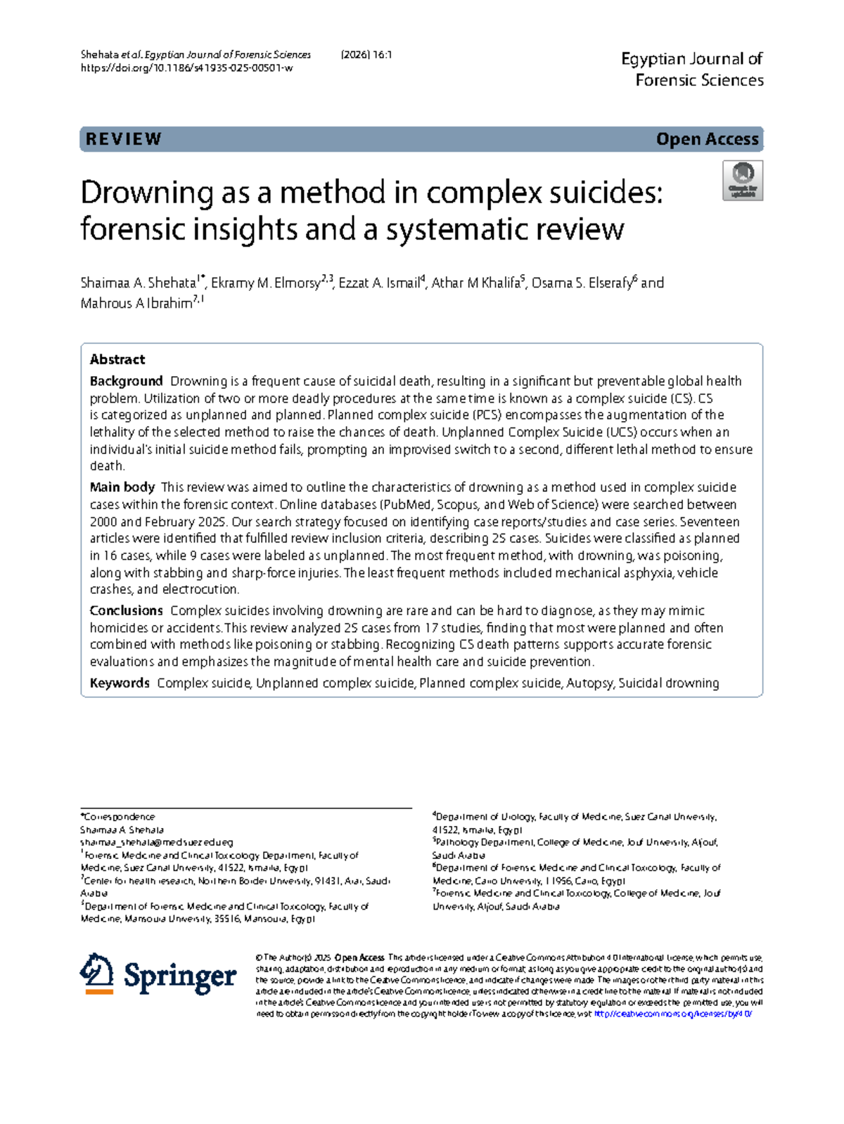 Drowning in Complex Suicides: Forensic Insights and Systematic Review ...