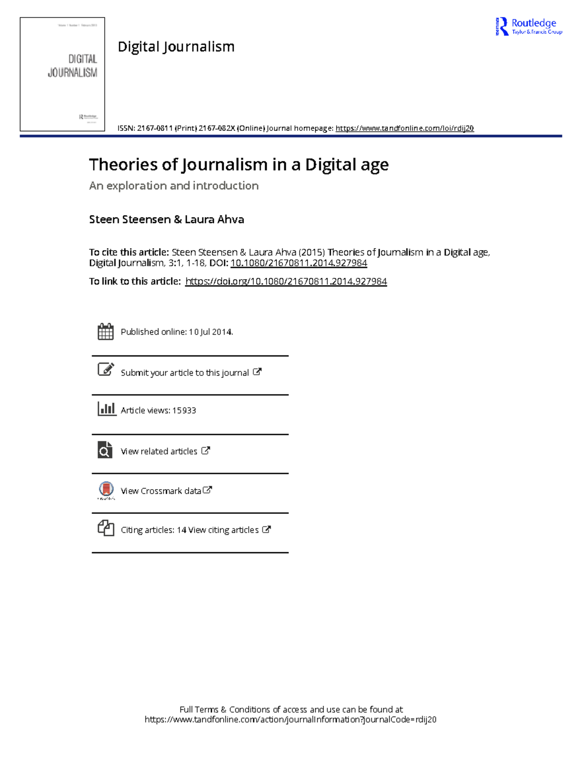 Theories of Journalism in the Digital Age: An Introductory Overview ...