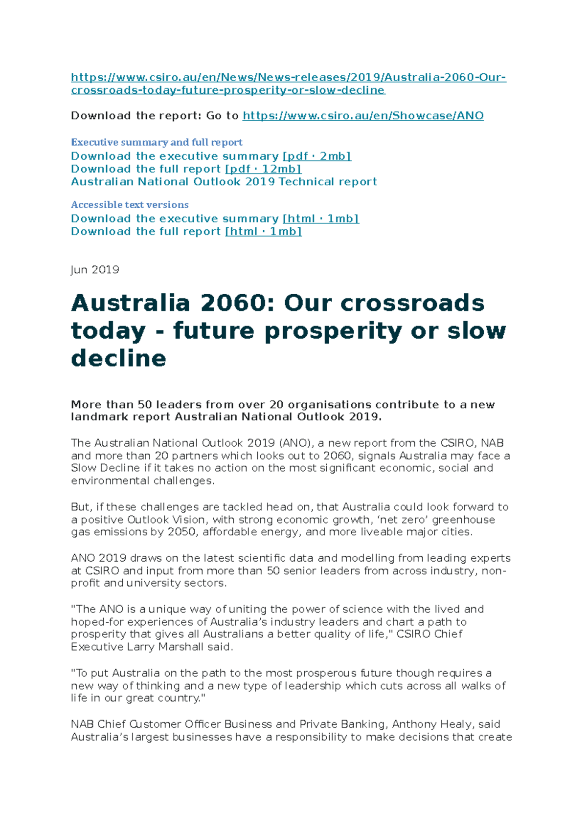 Csiro - csiro/en/News/News-releases/2019/Australia-2060-Our- - Studocu