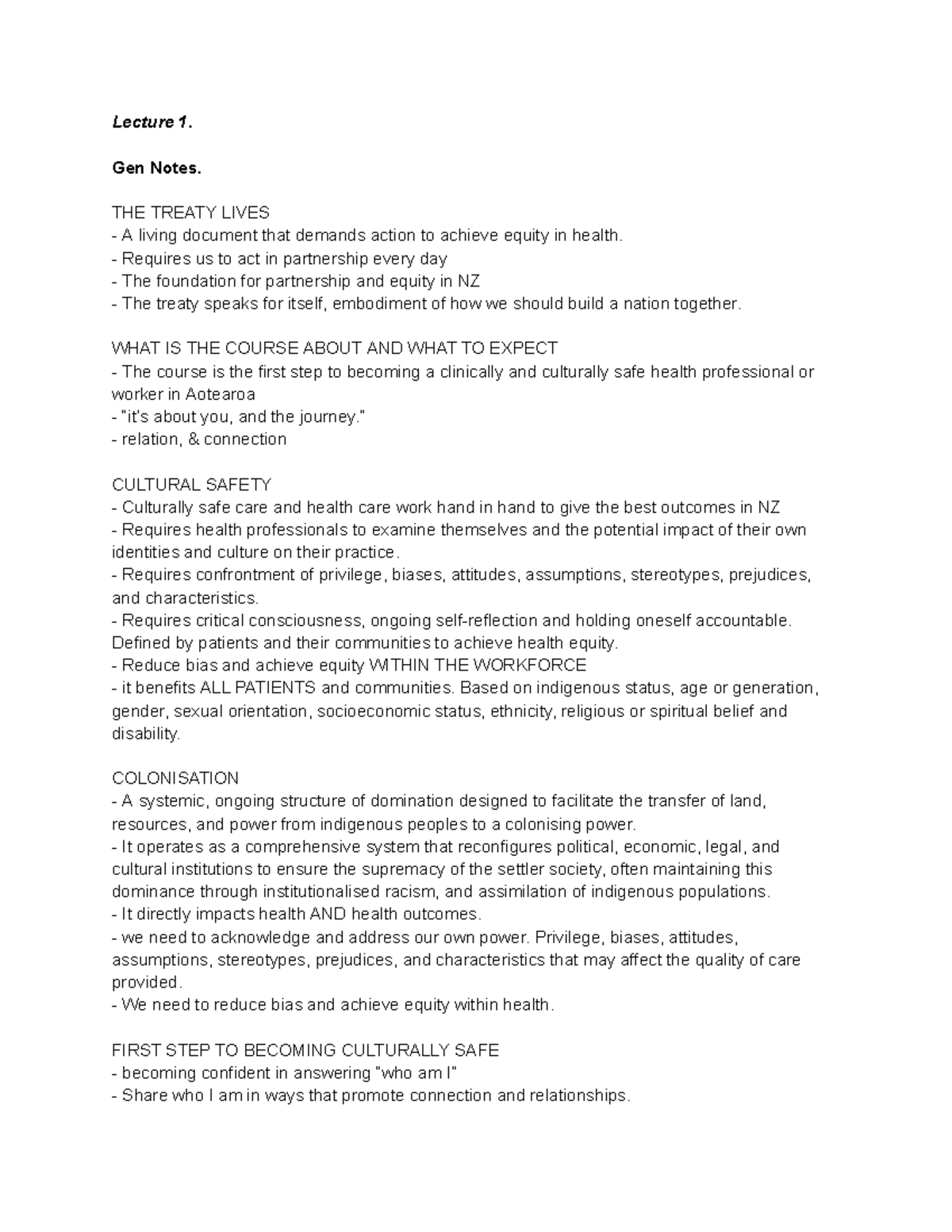 Lecture 1: Gen Notes on Te Tiriti o Waitangi & Cultural Safety - Studocu