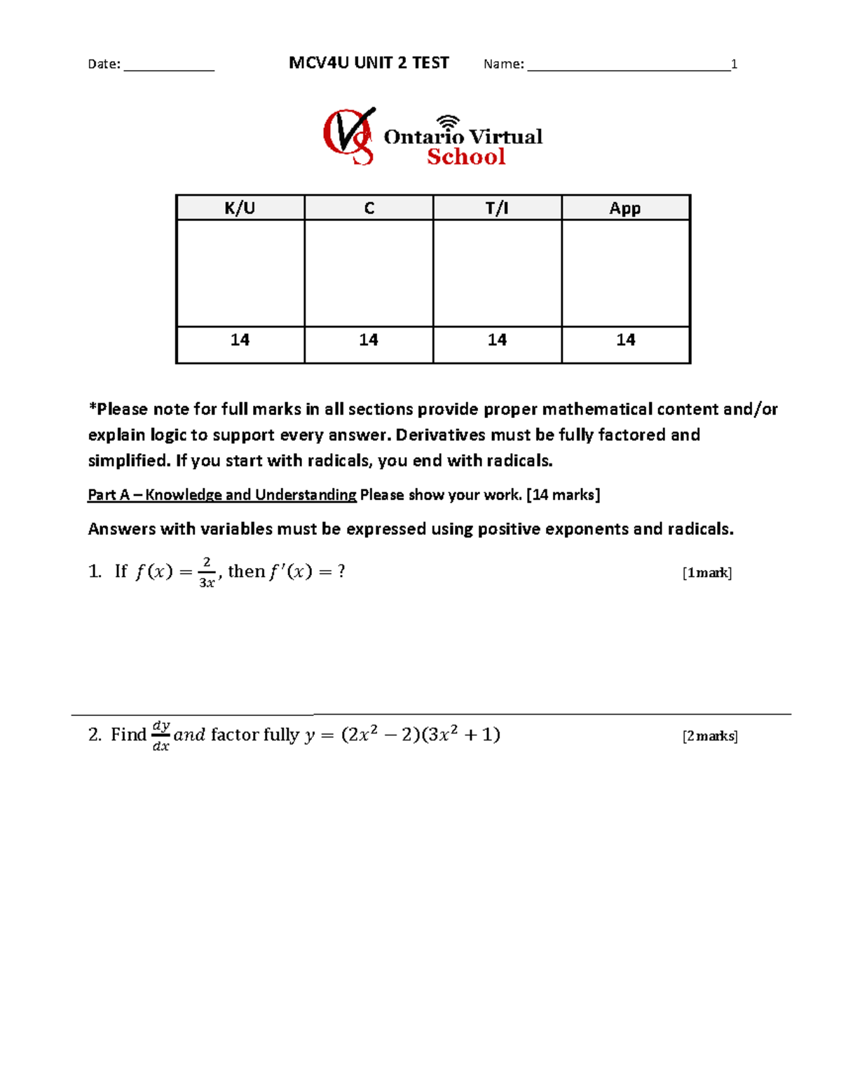 MCV4U Unit 2 Test Review: Key Concepts and Solutions - Studocu