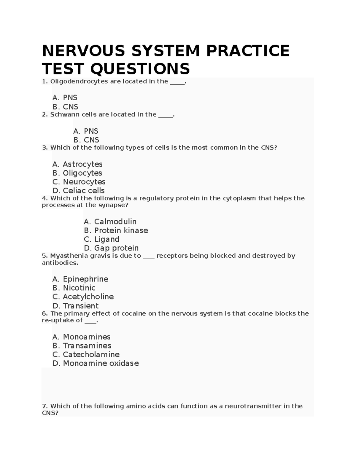 Nervous System Quiz Questions and Answers for Practice - Studocu