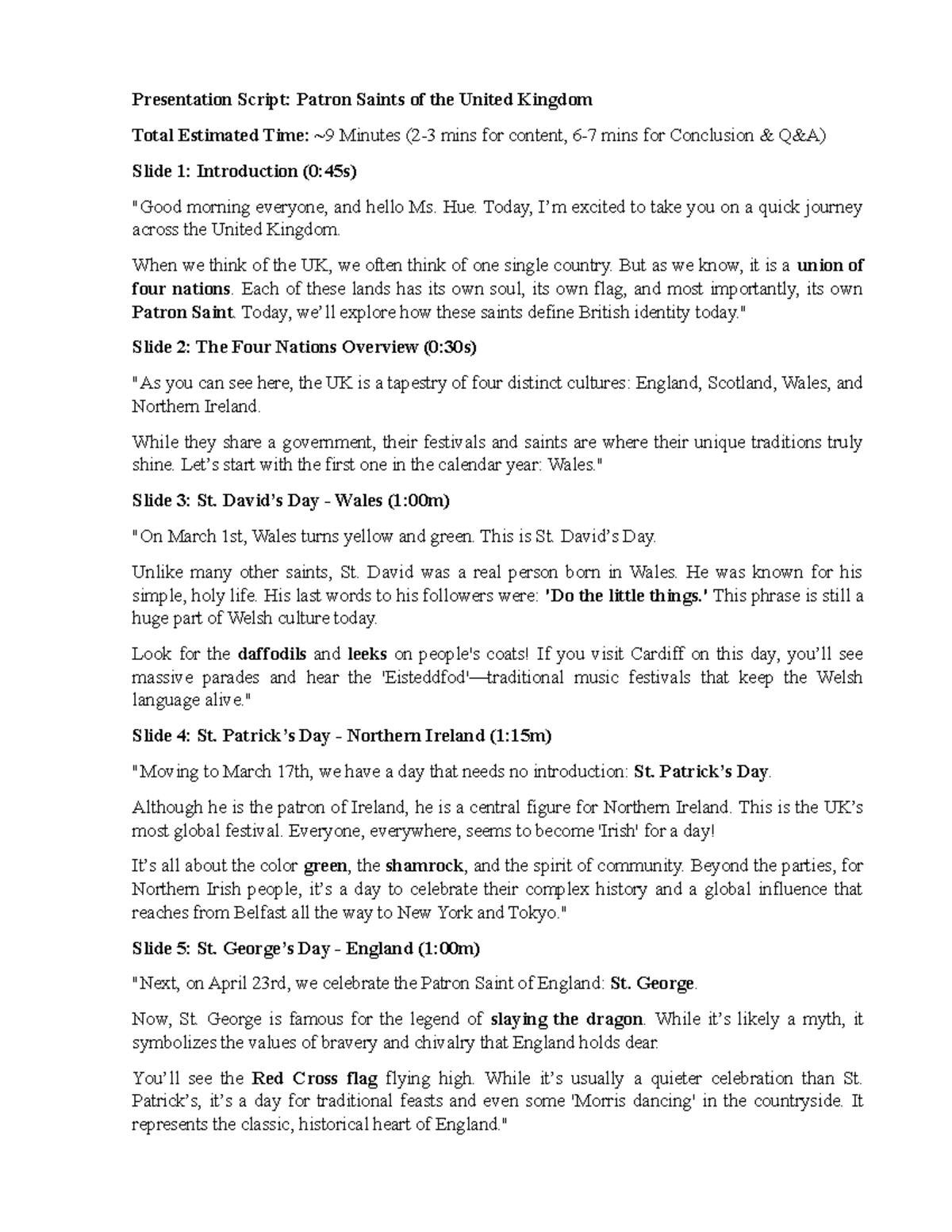 Presentation Script: Patron Saints of the UK - HUY - Studocu