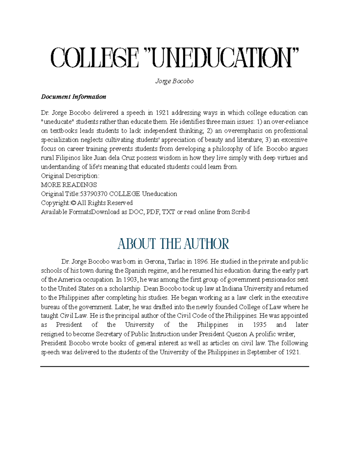 College Uneducation by Jorge Bocobo - Jorge Bocobo Document Information ...