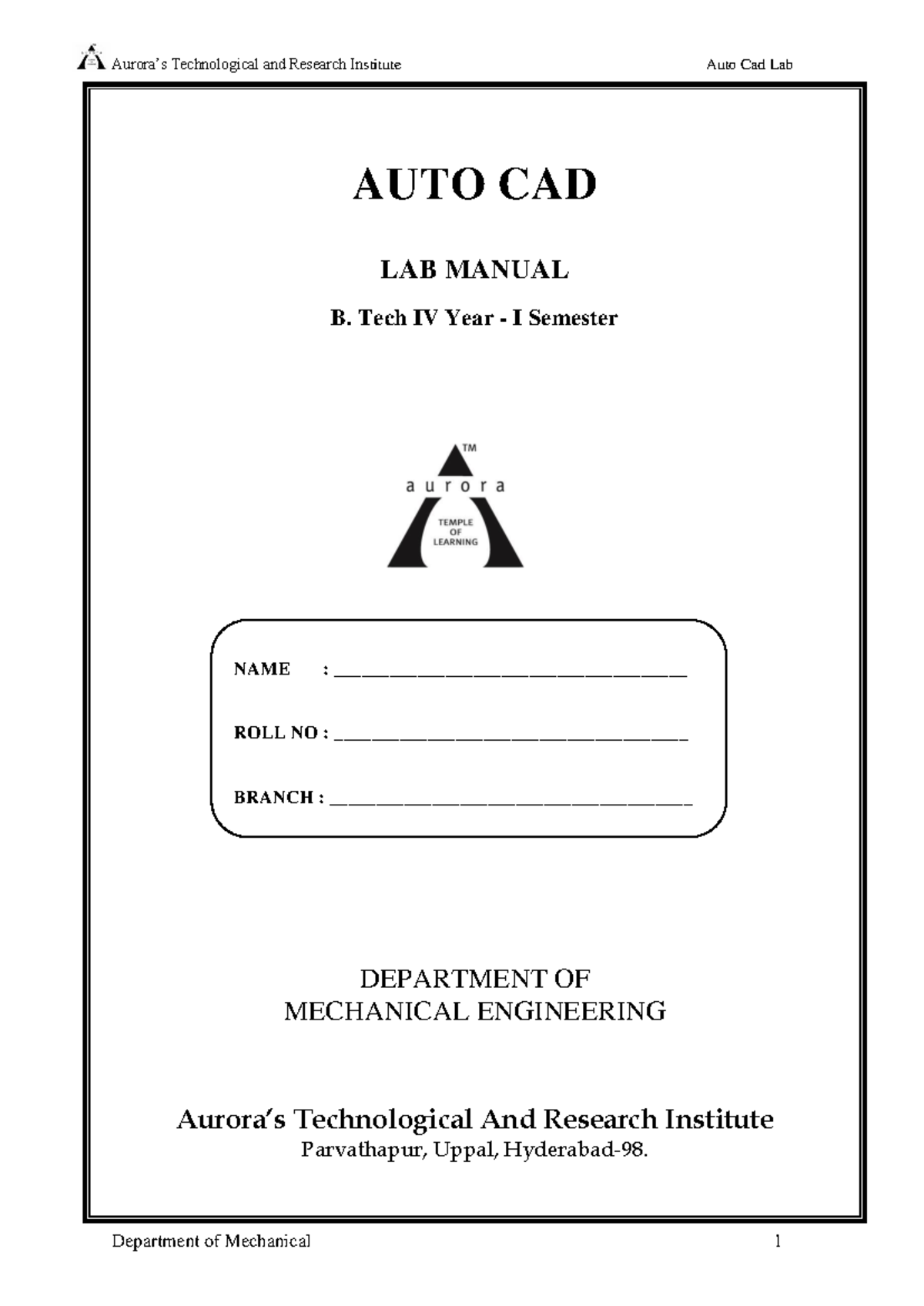 Autocad Lab Manual B Tech Iv Year I Sem Mechanical Engineering
