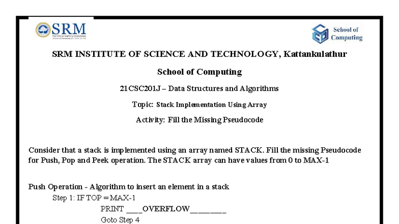 21CSC201J Data Structures & Algorithms: Stack Implementation Pseudocode ...