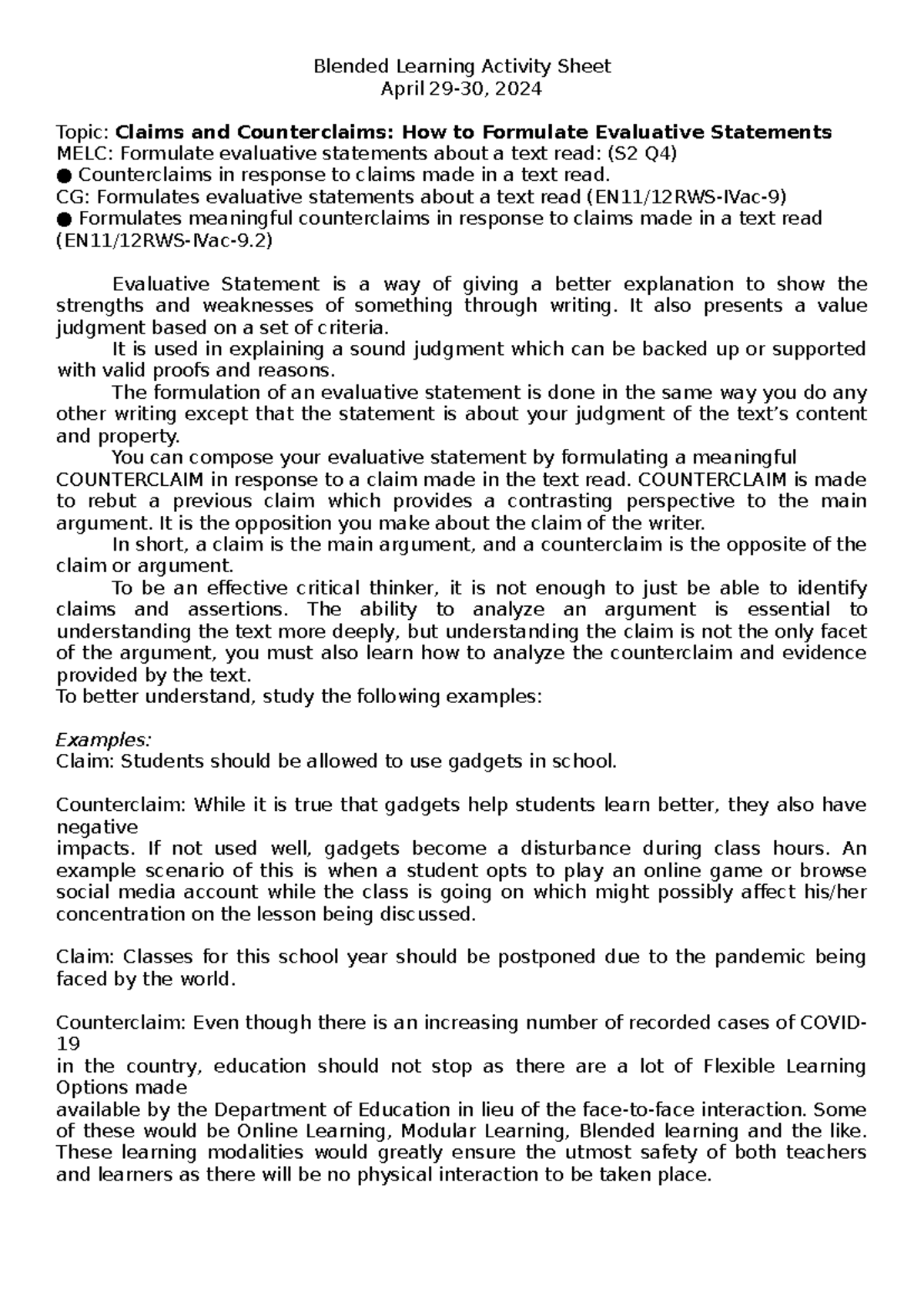 MELC S2 Q4: Claims & Counterclaims Activity Sheet - April 2024 - Studocu
